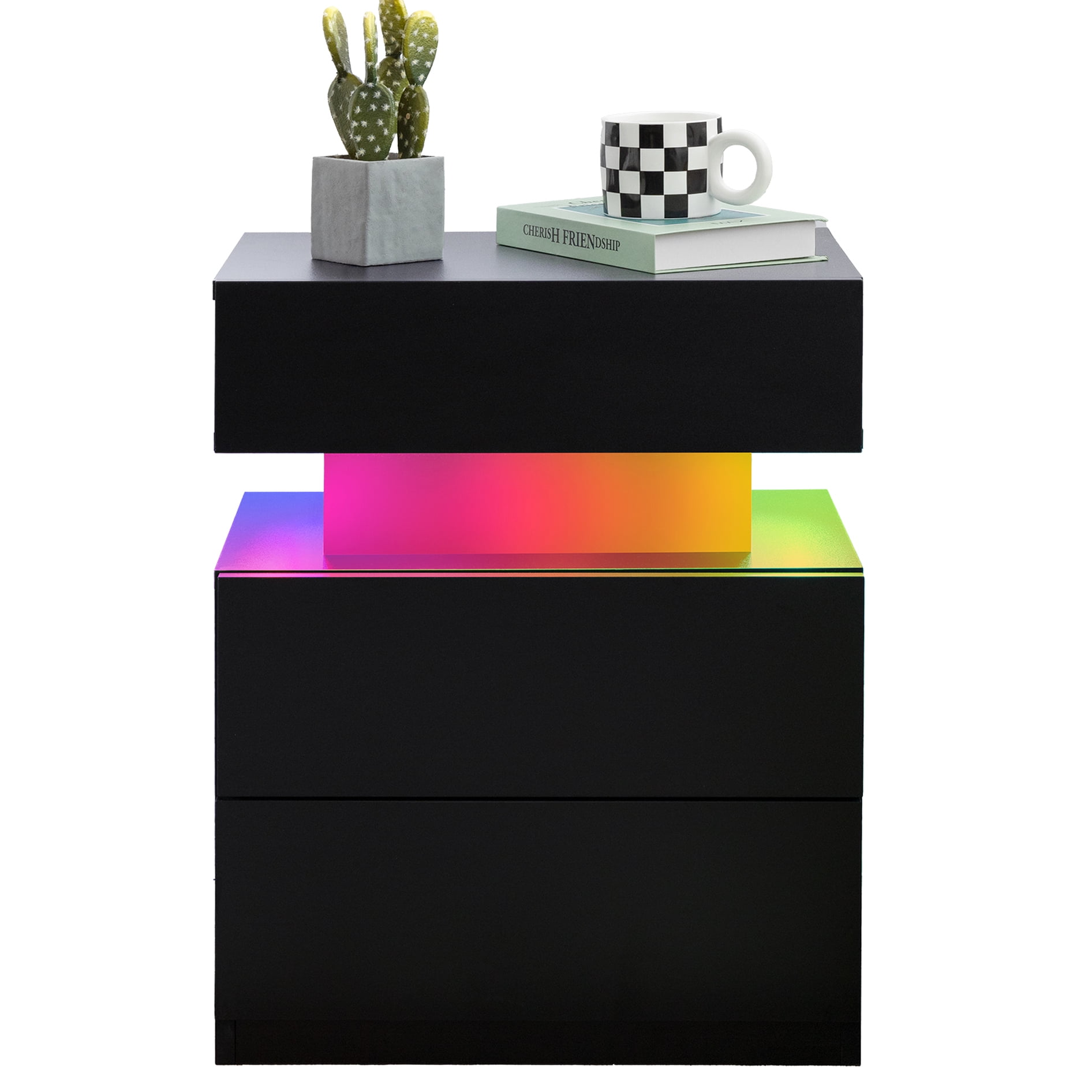 Modern Black Bedside Table With 3 Drawers And Adjustable Led ...