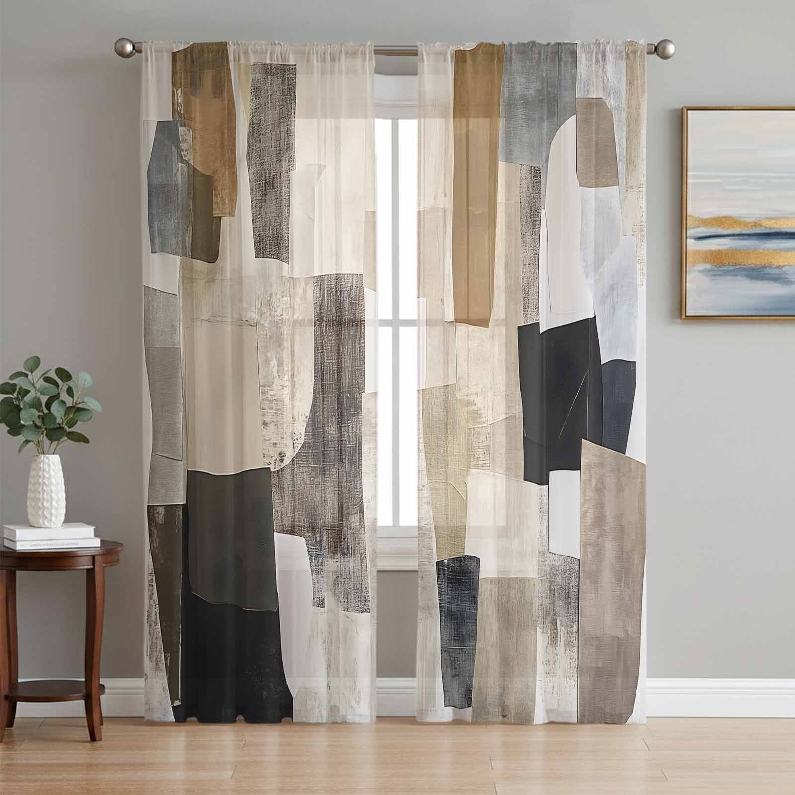 Modern Black Brown Sheer Curtains 72 Inch Length 2 Panels Set, Abstract ...