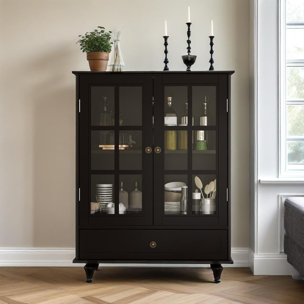 Modern Black Buffet Sideboard Cabinet with Glass Doors and Drawer ...