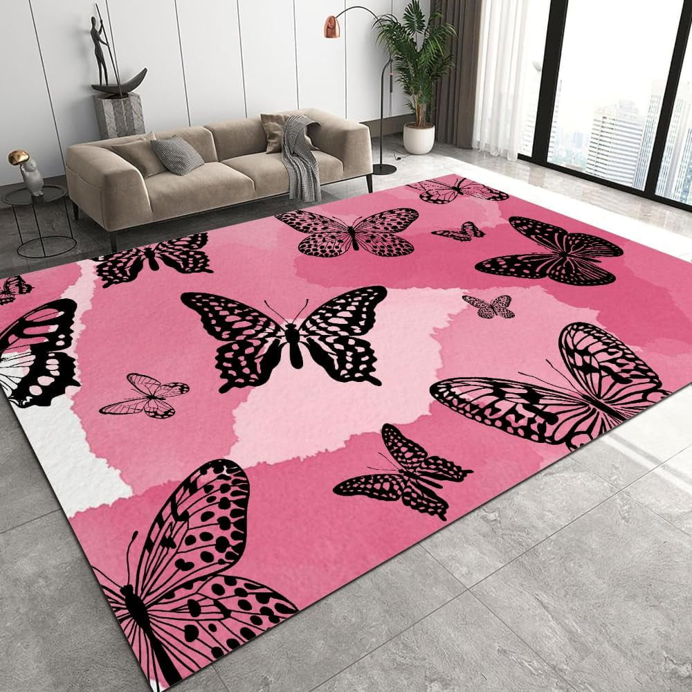 Modern Black Butterfly Area Rug, Butterfly Decorative Pink Rug, Modern ...
