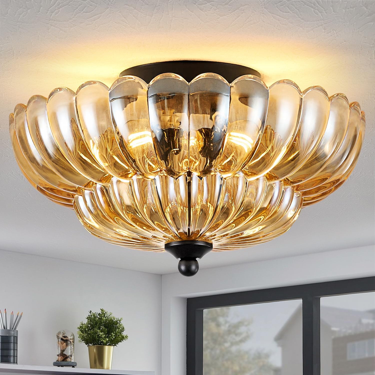 Modern Black Ceiling Light Fixture, 12" Amber Glass Flush Mount ...