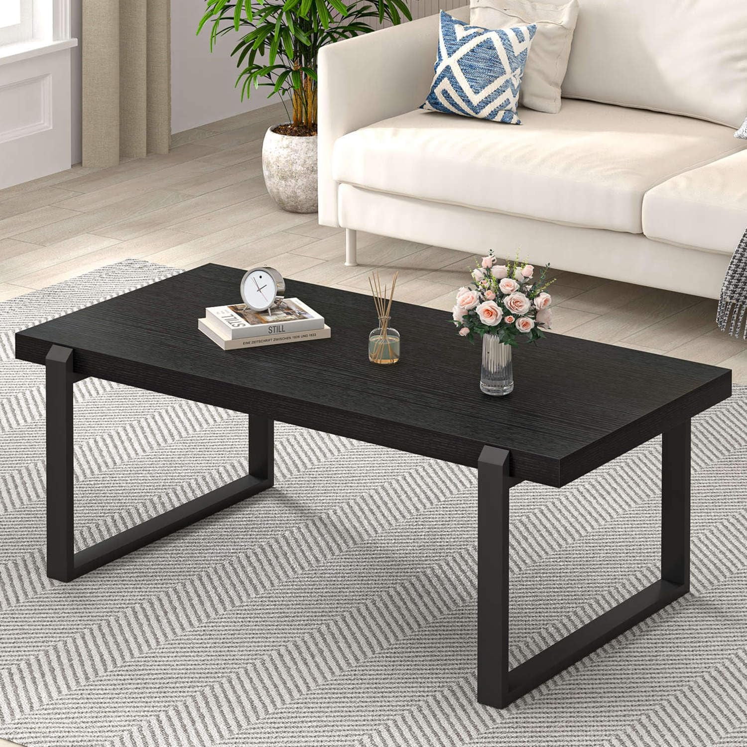 Modern Black Coffee Table, Industrial Wooden and Metal Center Table for ...
