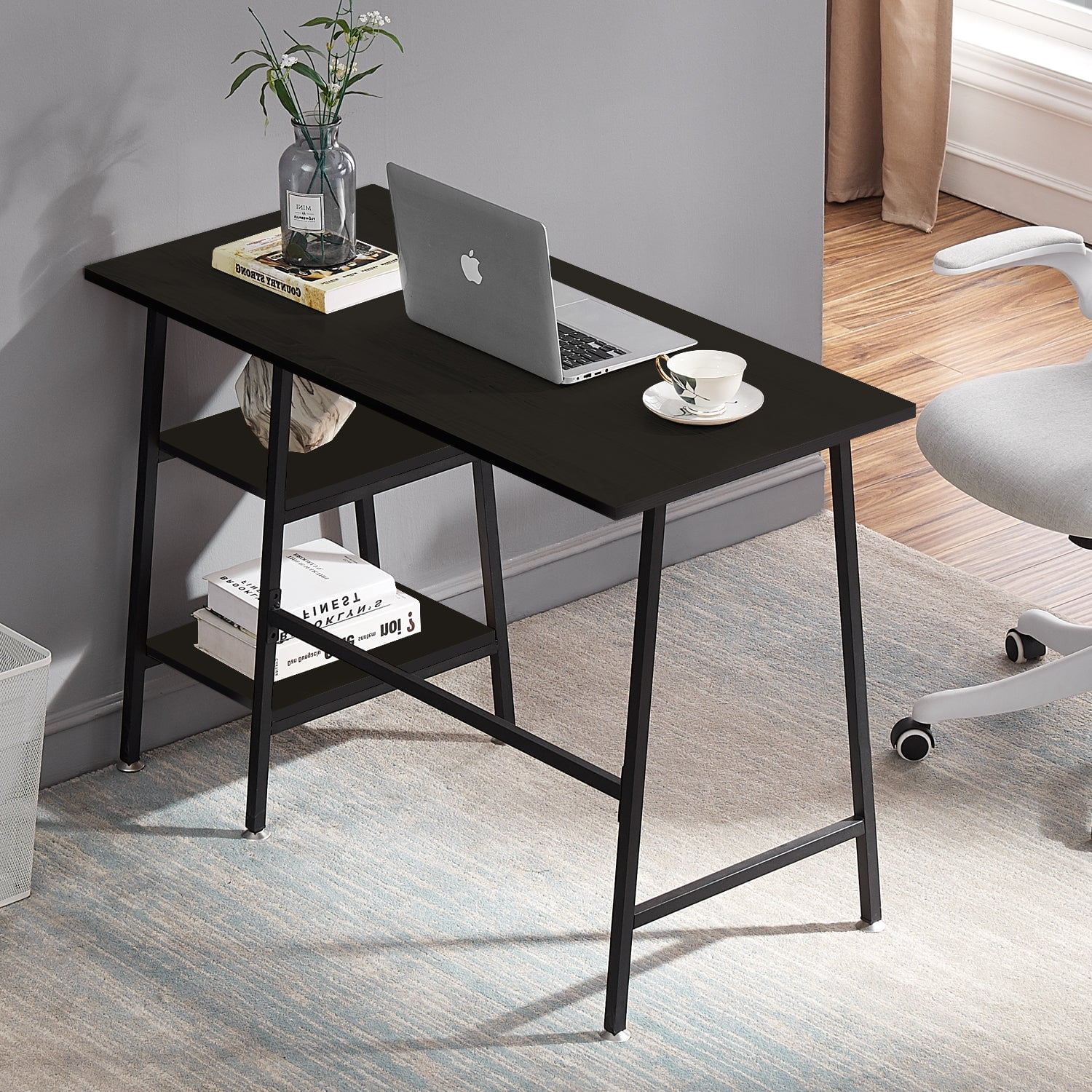 Modern Black Computer Desk with 2-Tier Removable Storage Shelves ...