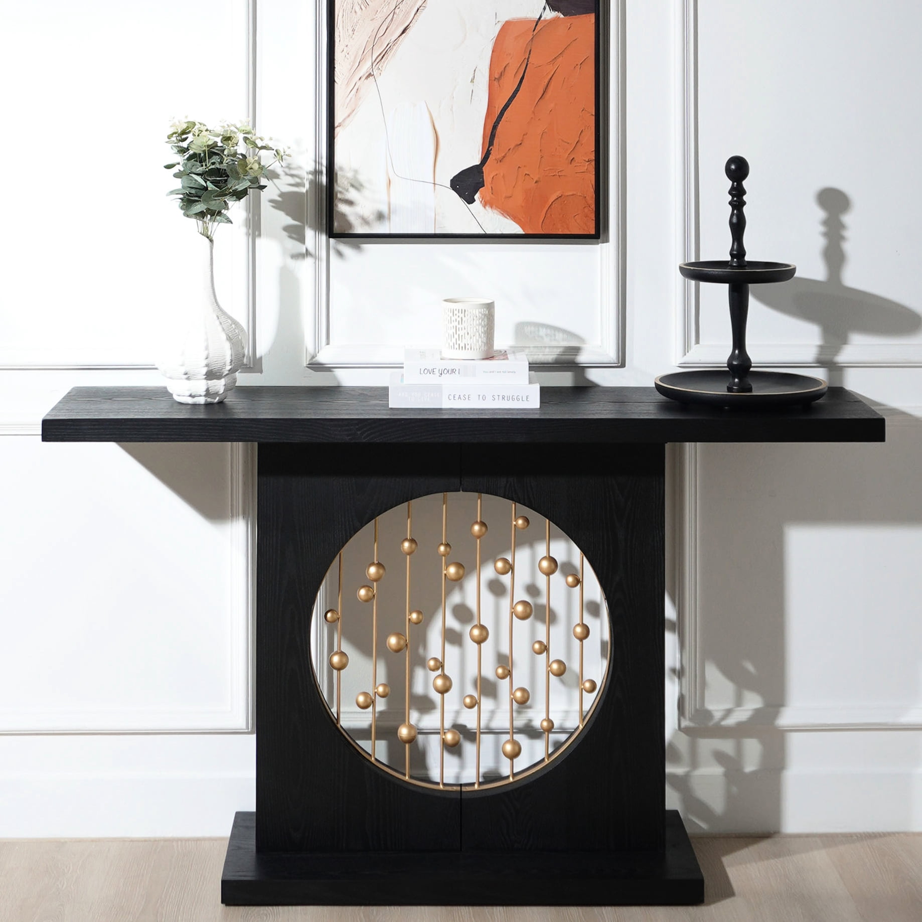 Modern Black Console Table With Golden Accentuation, 56in Living Room ...