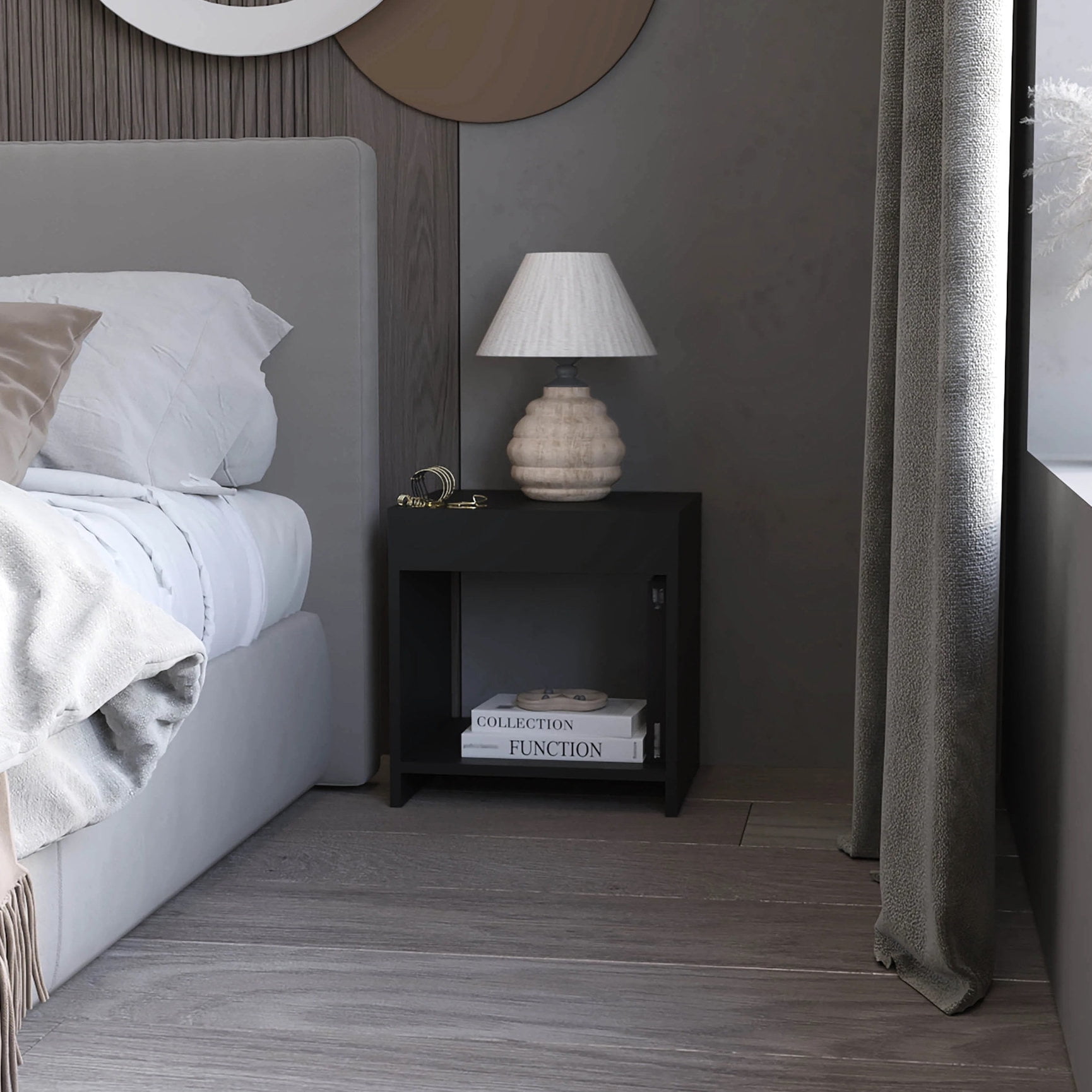 Modern Black Design - Open Storage for Magazines - Bedroom Decor Scheme ...