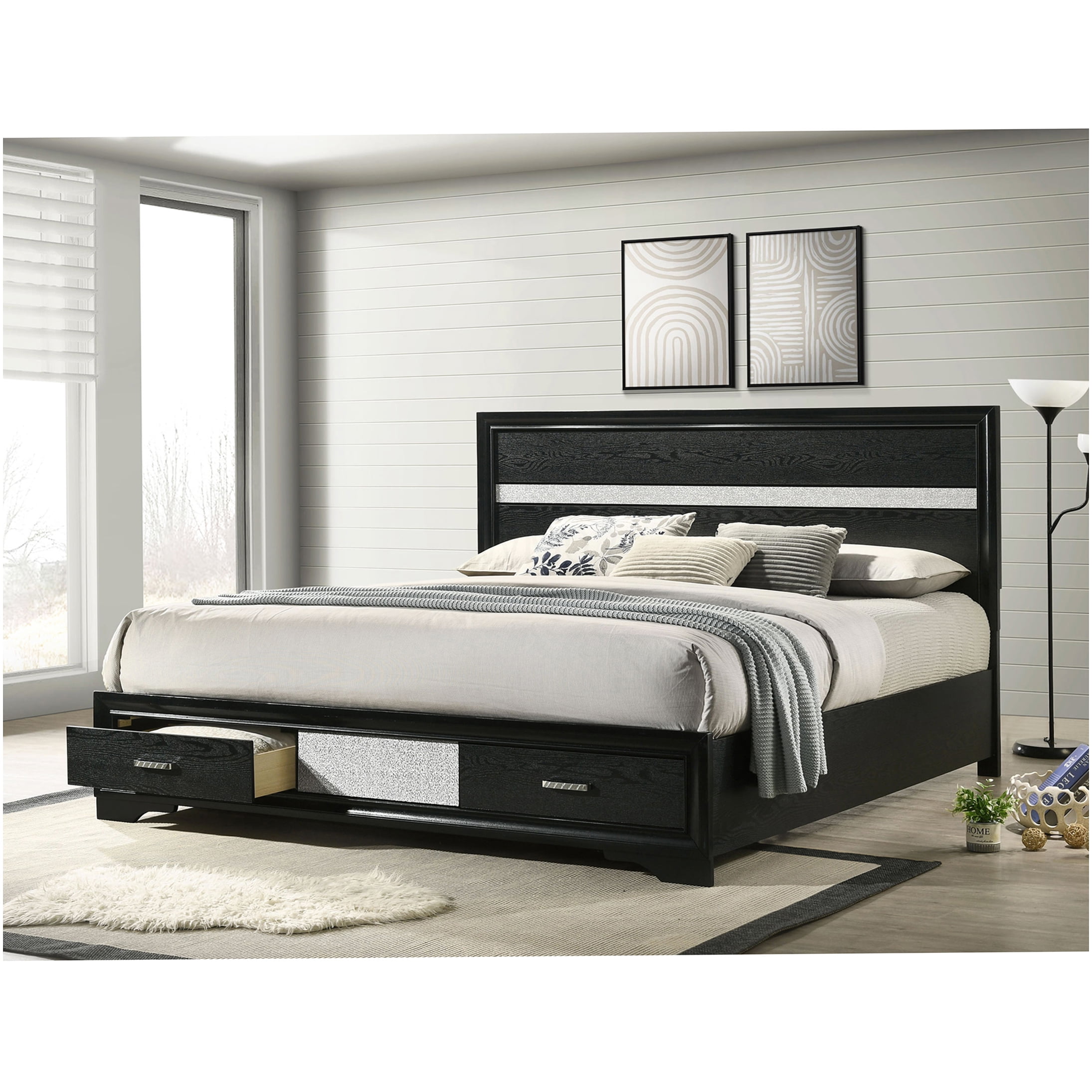 Modern Black Eastern King Bed with Rhinestone Drawers, Storage Platform ...