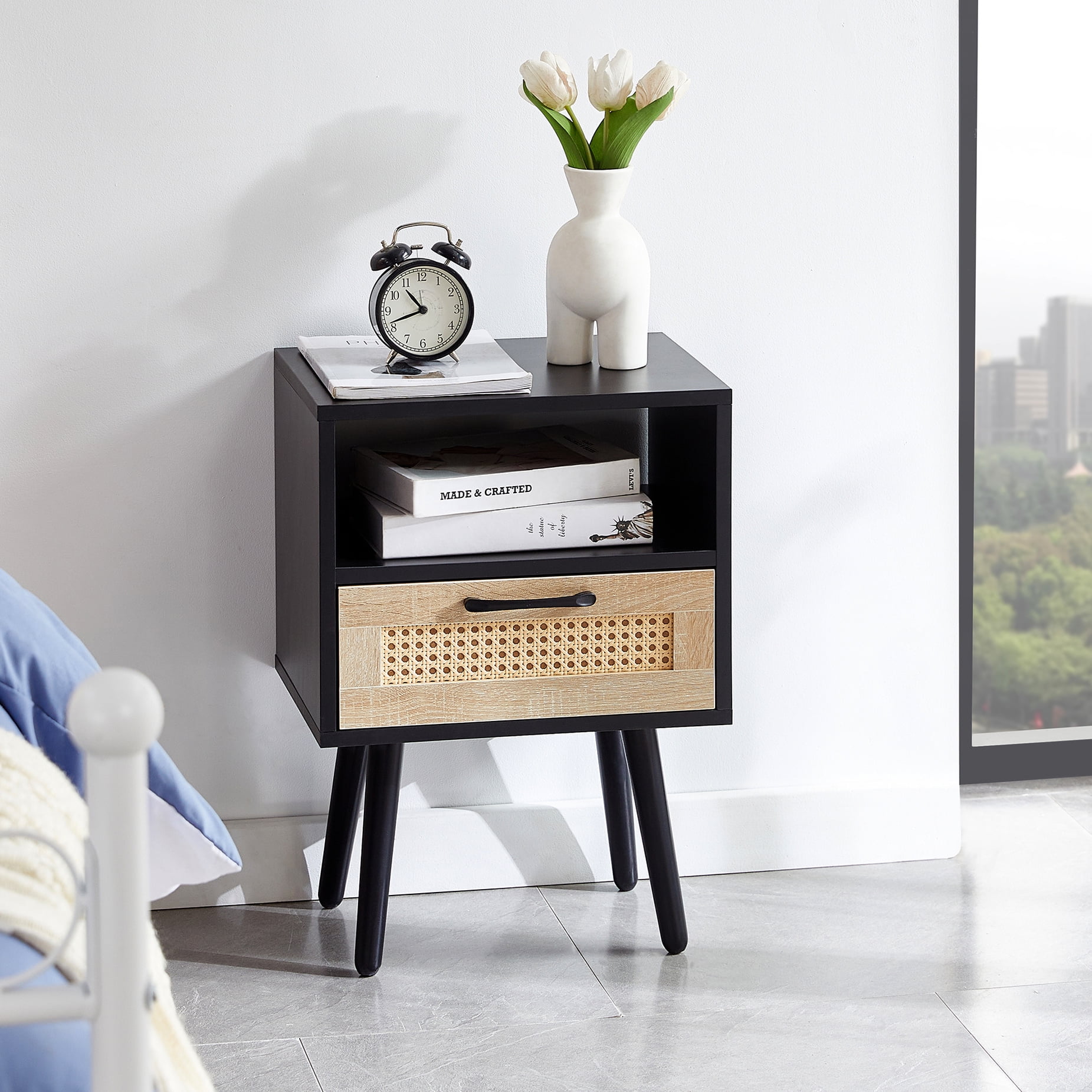 Modern Black End Table With Drawer And Solid Wood Legs, 15.48" X 11.72 ...
