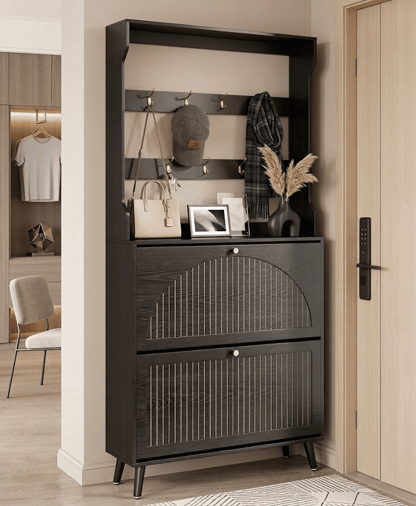 Modern Black Entryway Hall Tree with 2 Flip-Down Shoe Cabinets and Coat ...