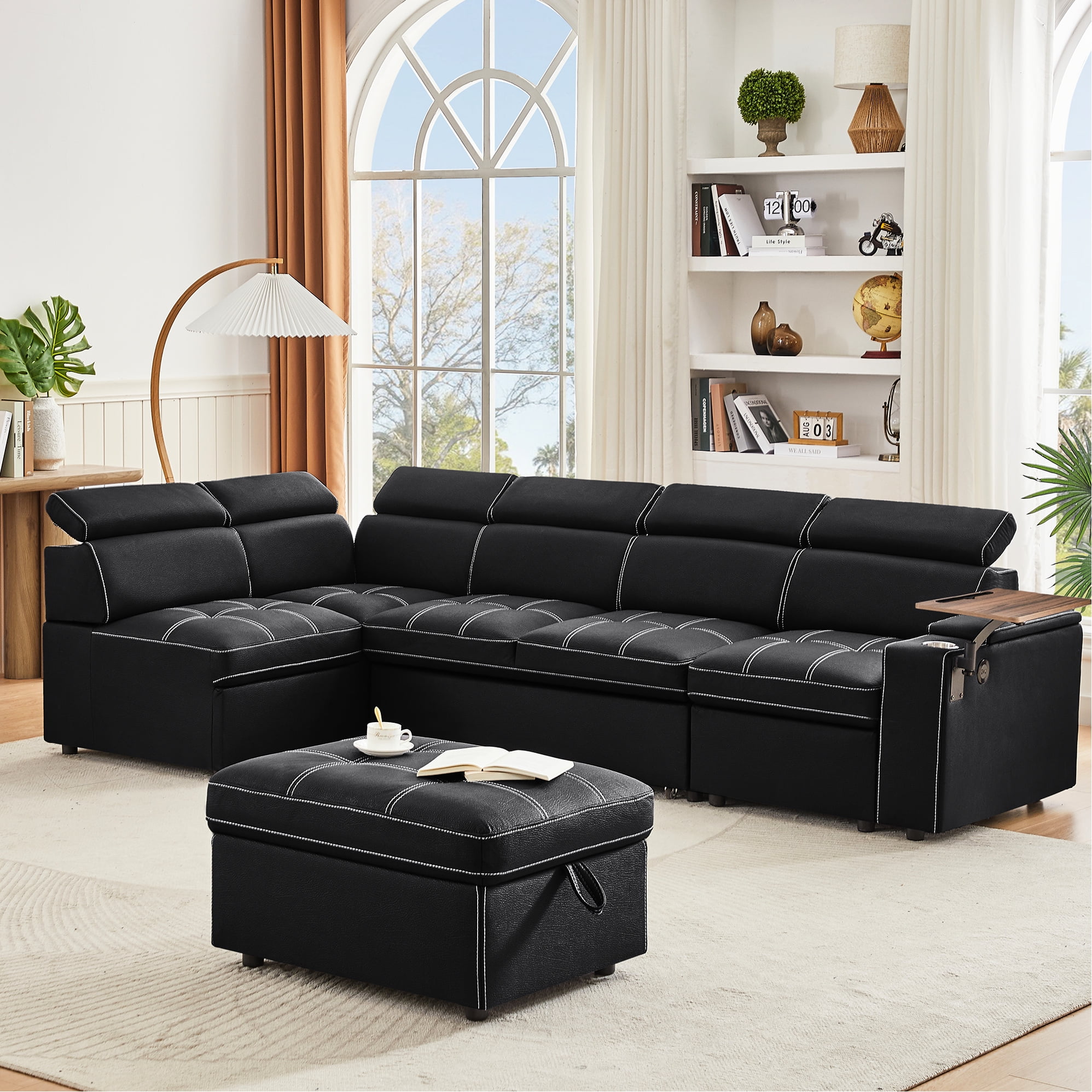 Modern Black Fabric Sectional With Storage And Bed Function, Seat Back ...