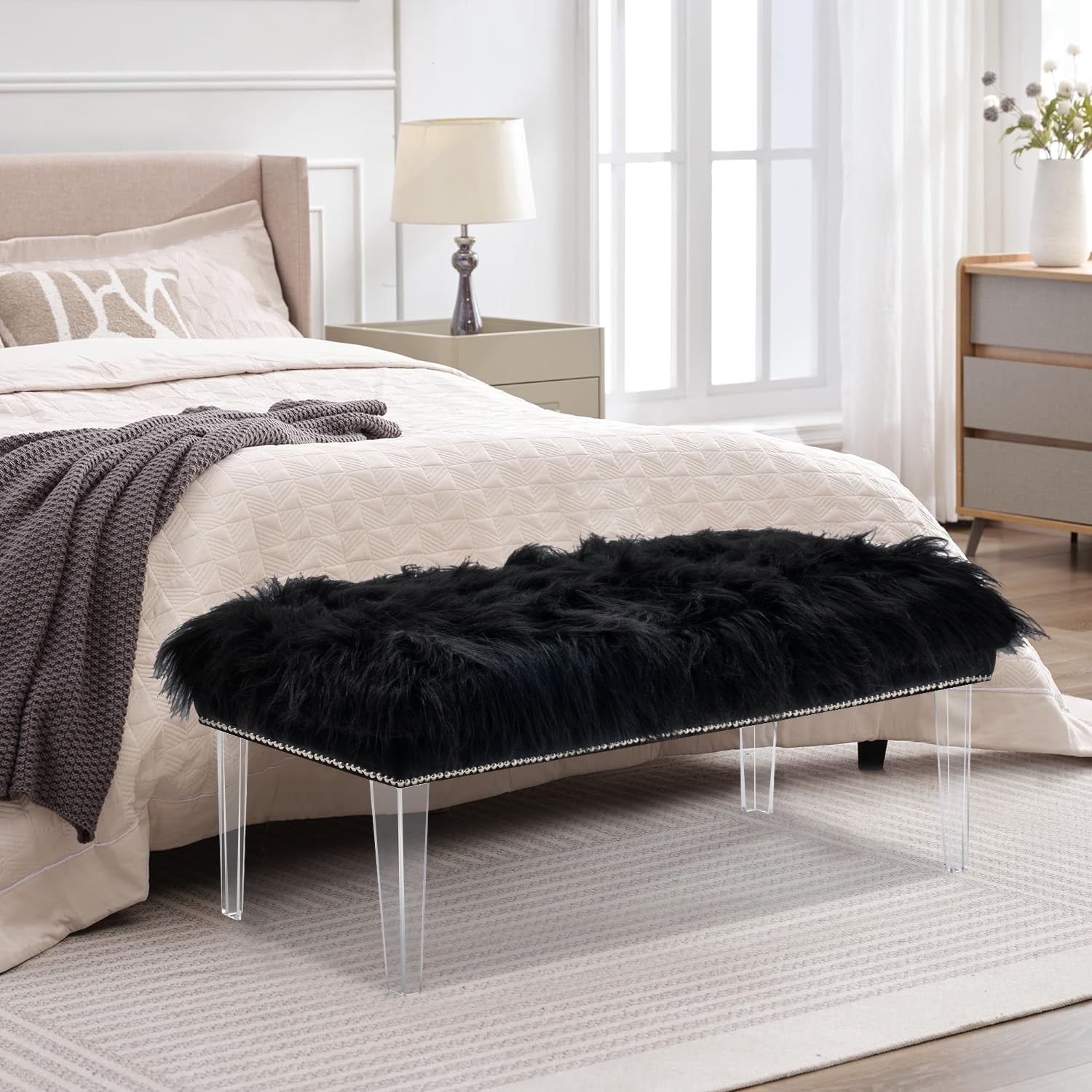 Modern Black Faux Fur Ottoman Bench - Upholstered Furry Bench with ...
