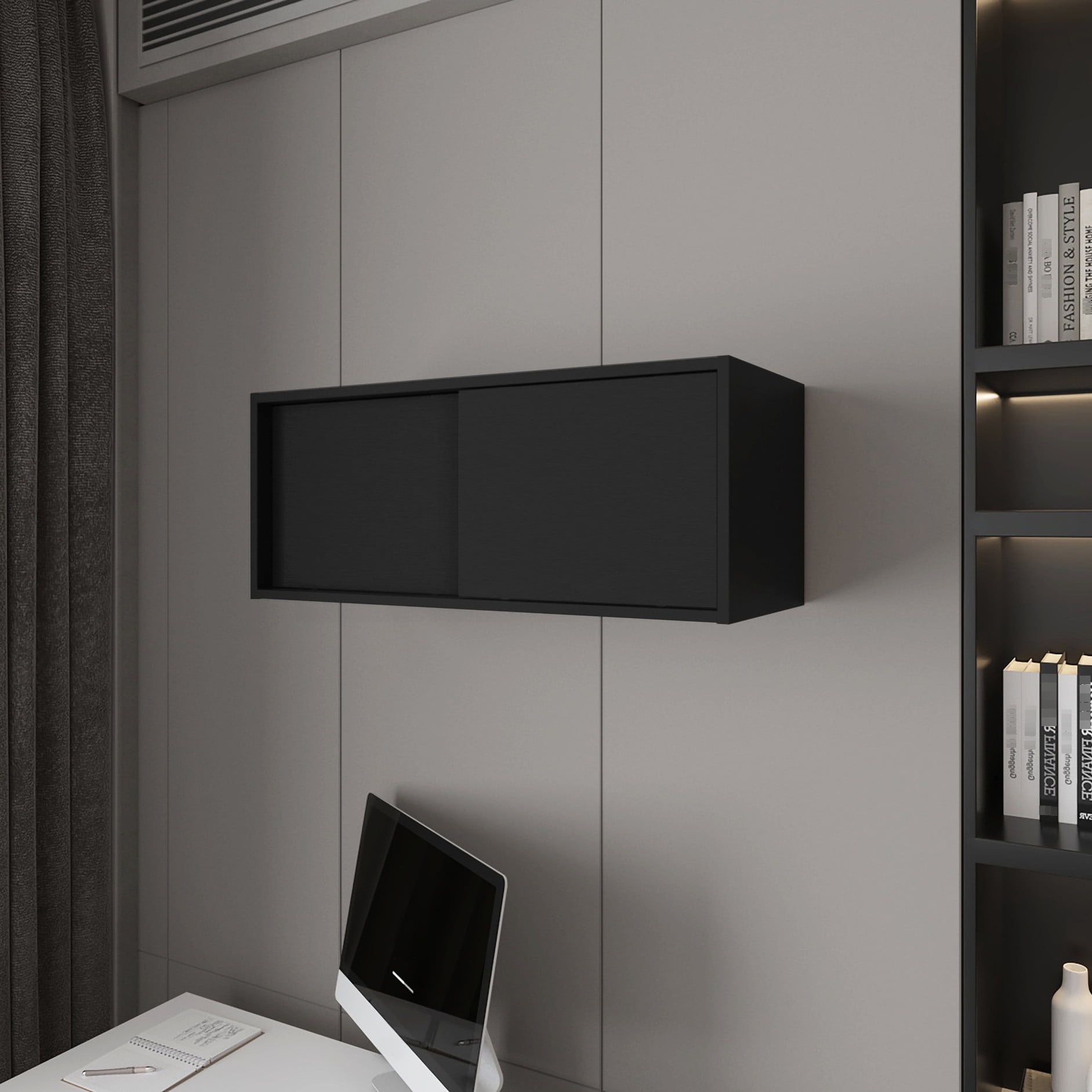 Modern Black Floating Cabinet | Sliding Door for Displaying Items in ...