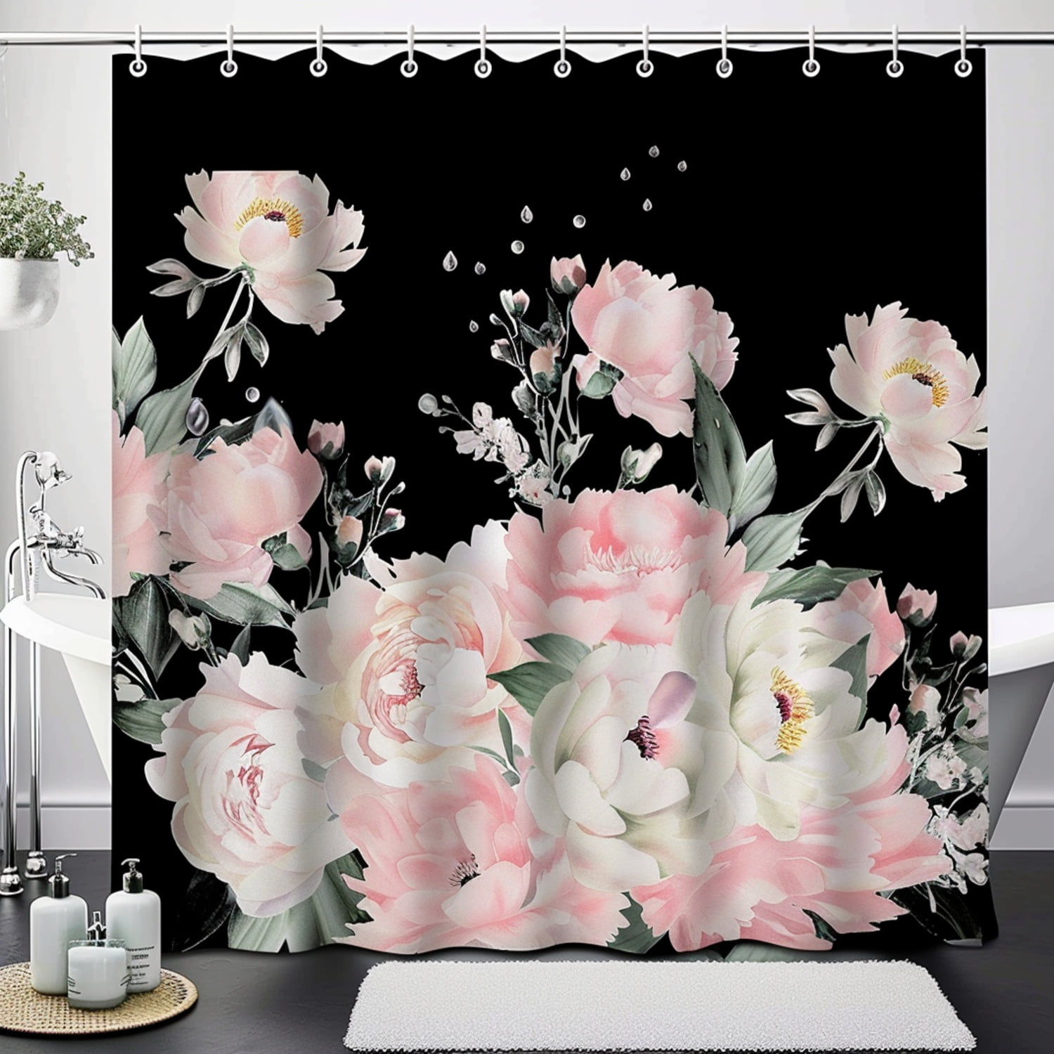 Modern Black Floral Shower Curtain Set With Pink Peonies Watercolor