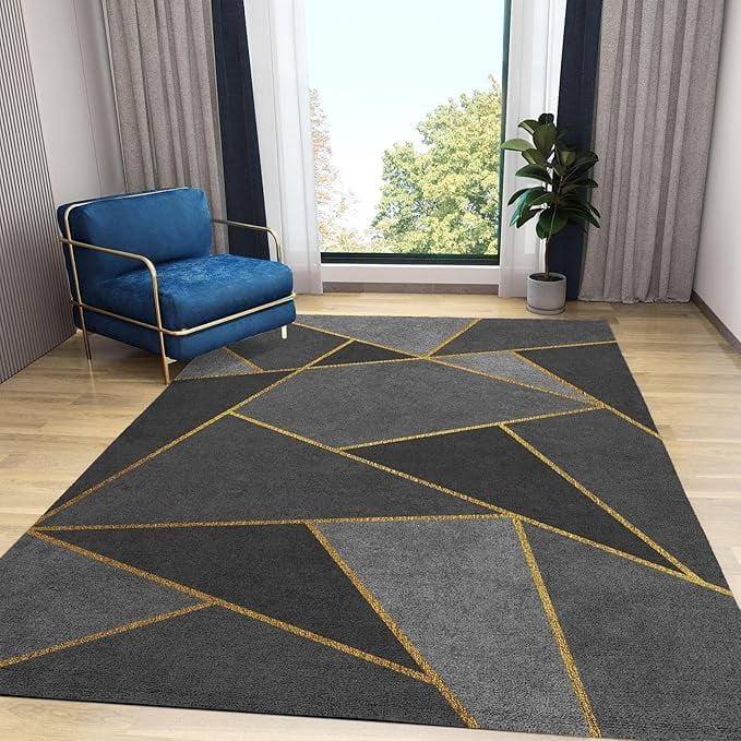 Modern Black Geometric Contemporary Gold Thread Large Rug, Abstract ...