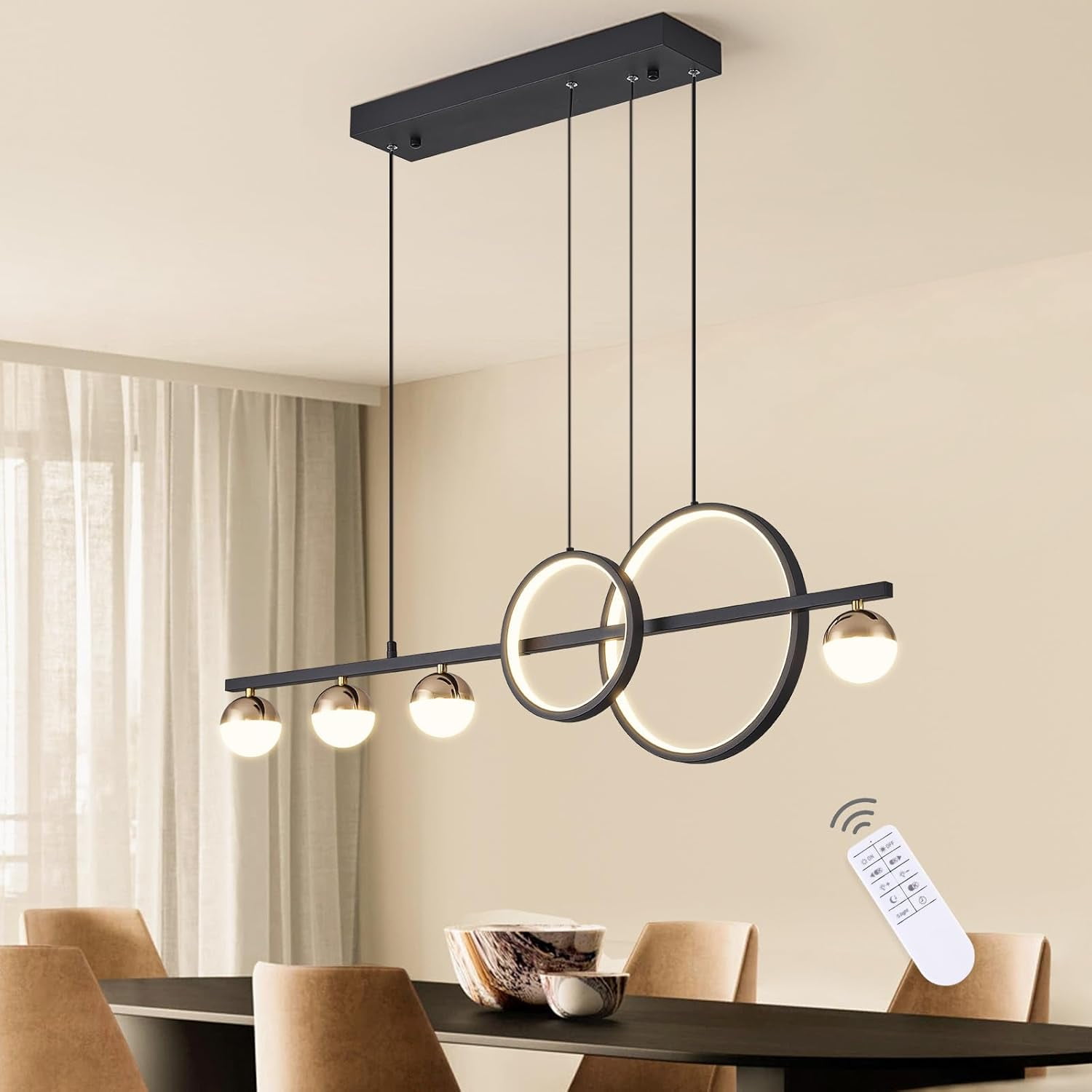 Modern Black Gold Chandeliers for Dining Room, Dimmable LED Linear Pendant Light for Kitchen ...