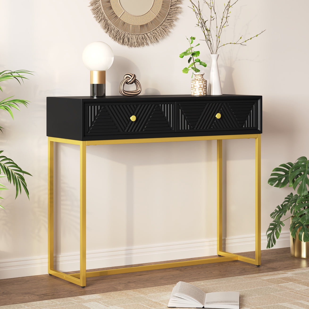 Modern Black & Gold Console Table with Two Drawers, Hallway Table with ...