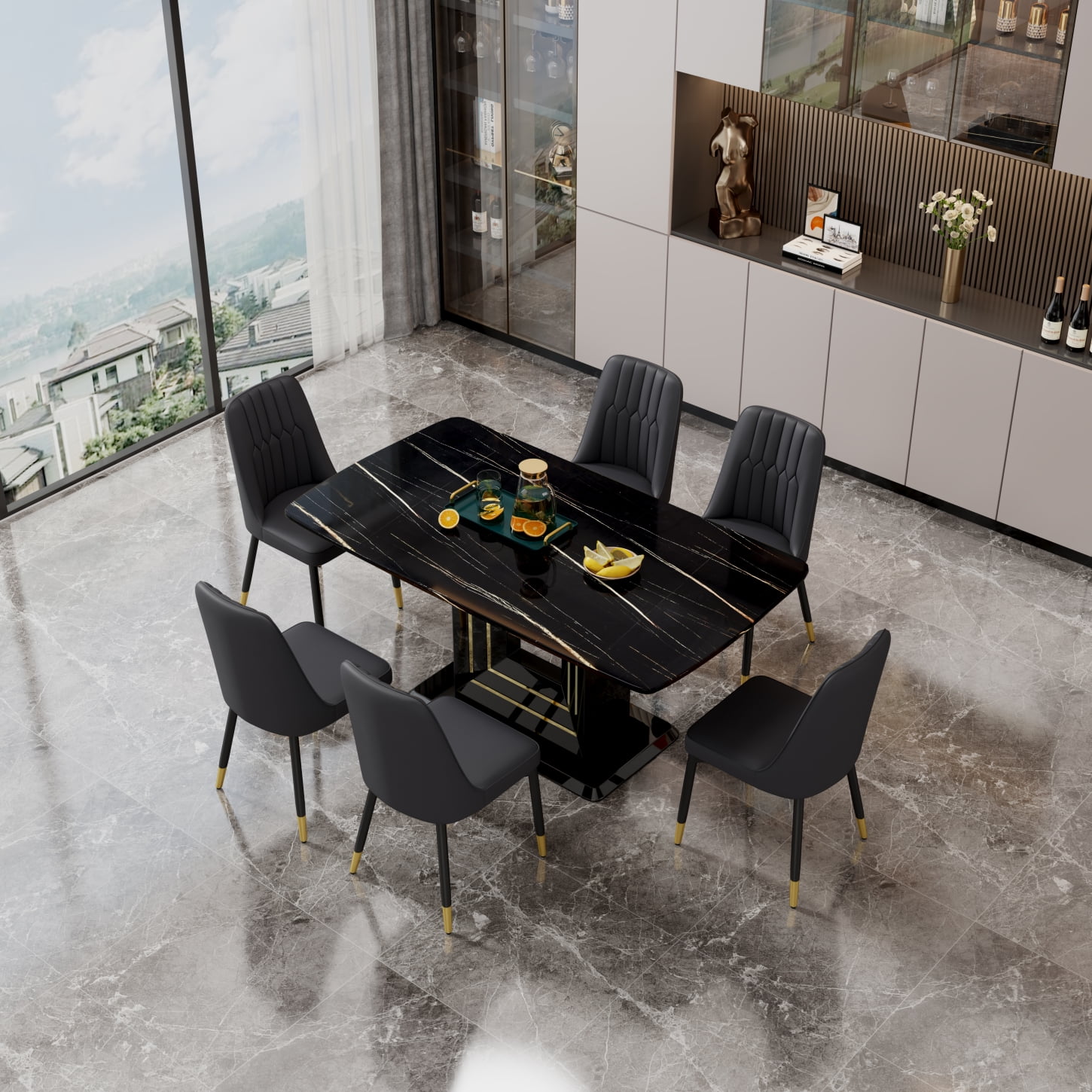 Modern Black and Gold Dining Table Set, Includes 1 Table and 6 Chairs ...