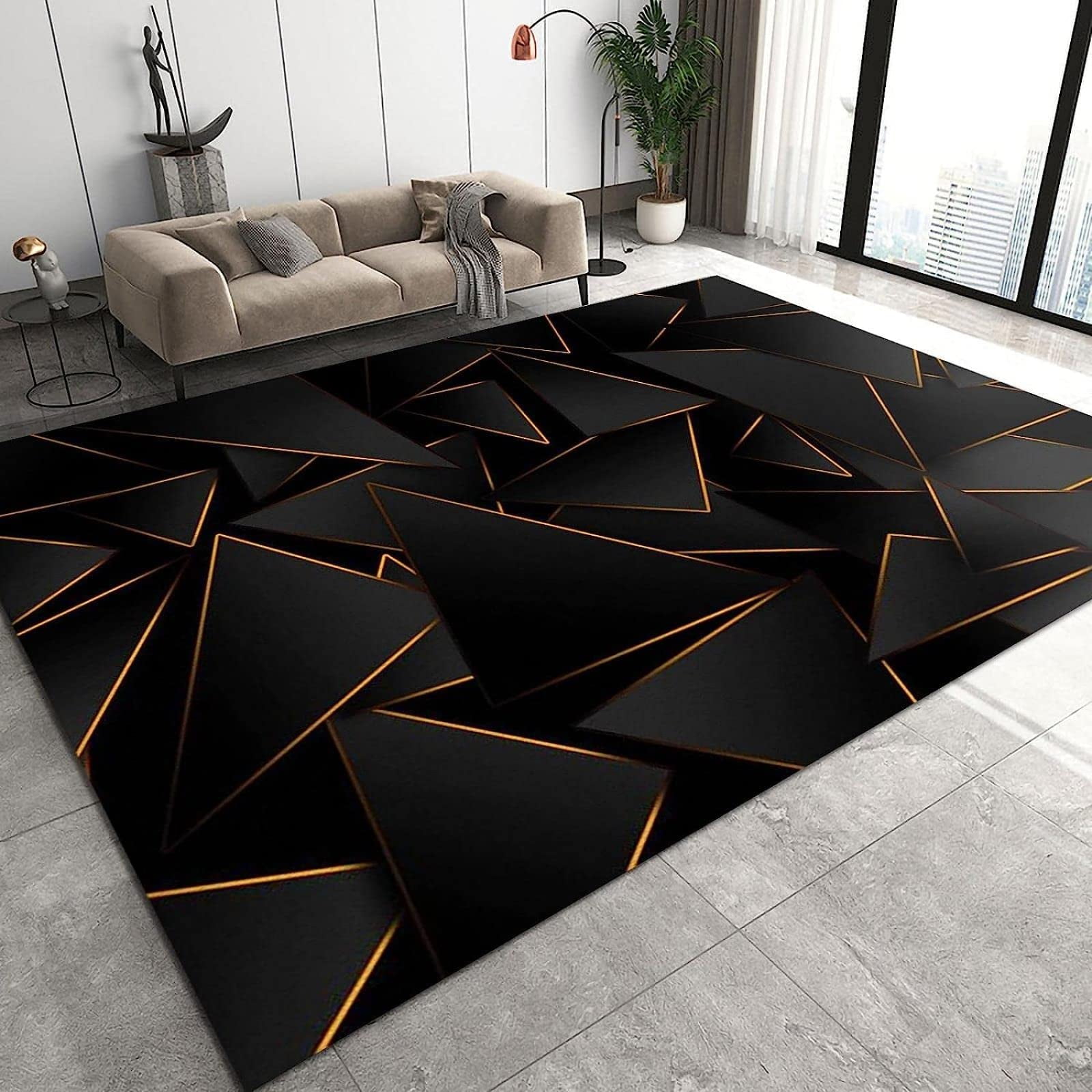 Modern Black Gold Geometric Rugs For Living Room, Luxury Minimalist Art ...
