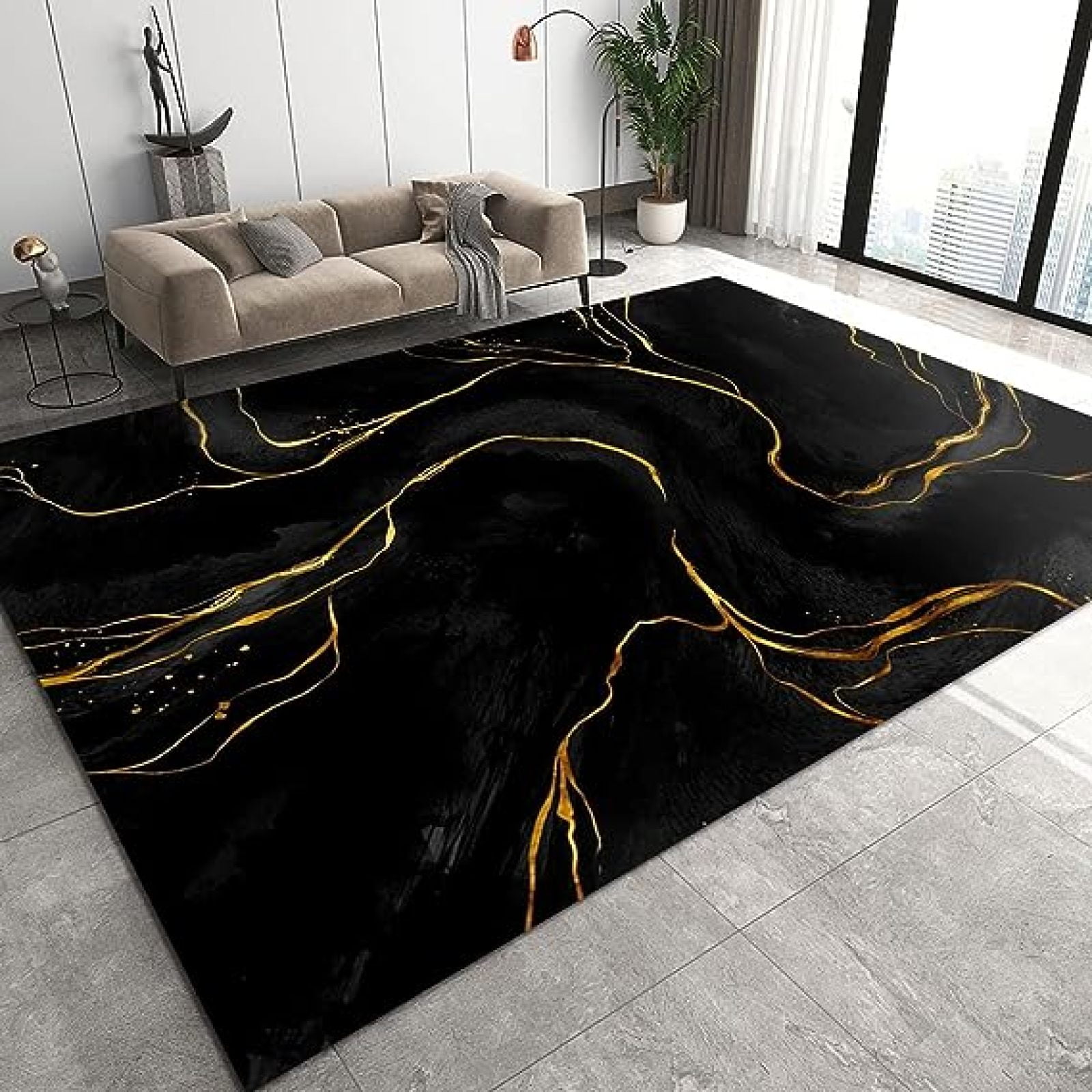 Modern Black Gold Marble Texture Area Rug, Light Luxury Water Wave Art ...