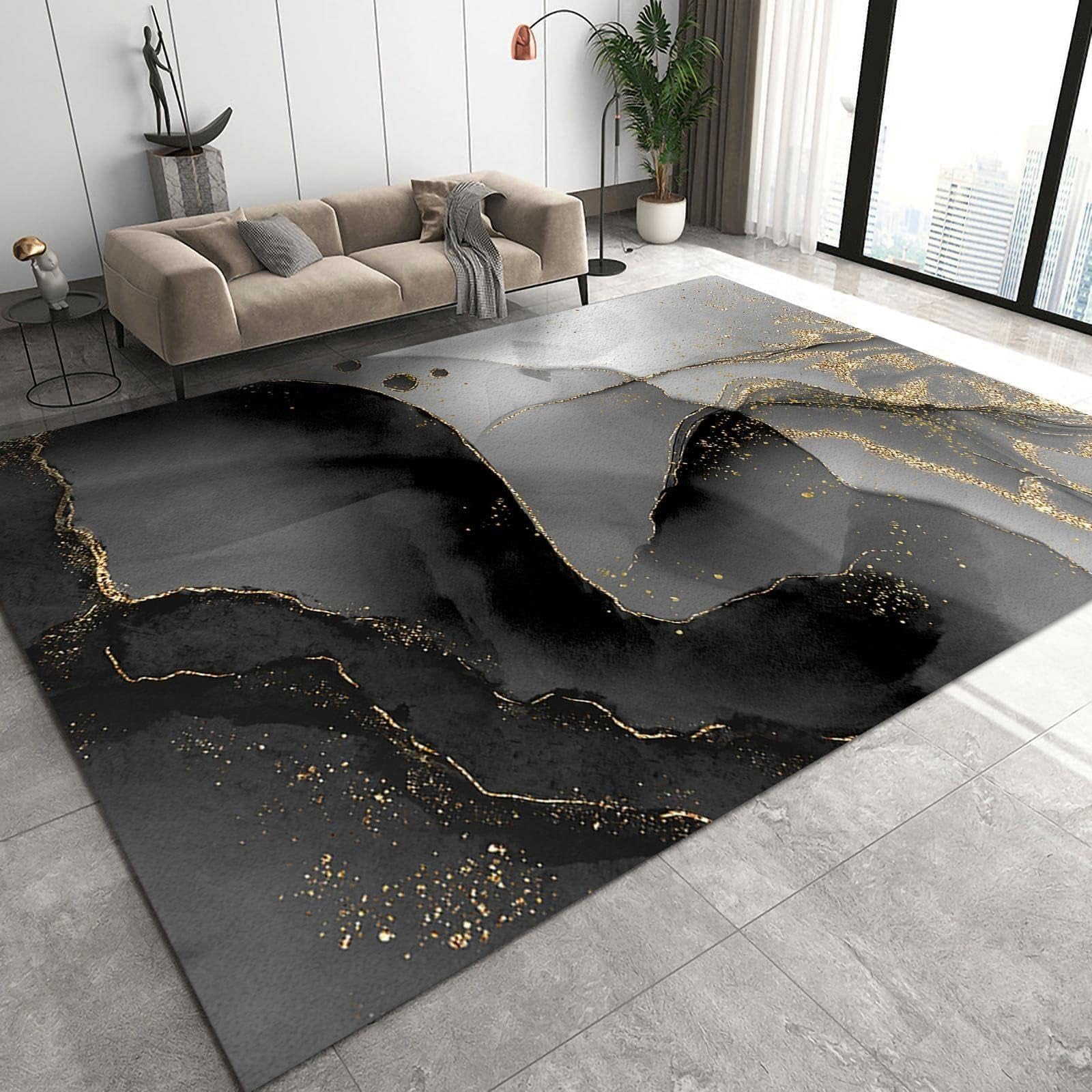 Modern Black Gold Marble Texture Living Room Decor Rugs, Luxury ...