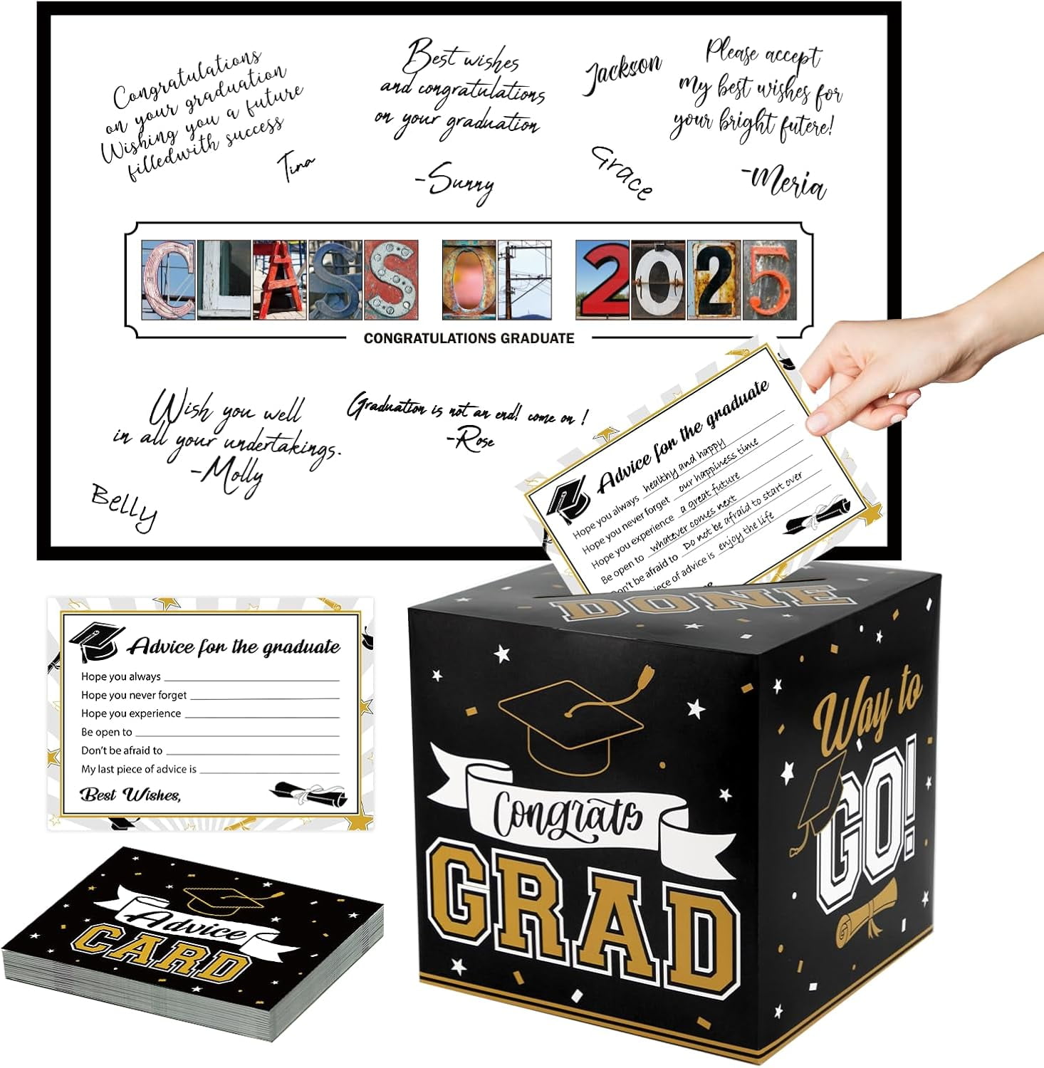 Modern Black Graduation Card Box with 30 Advice Cards and Signature ...