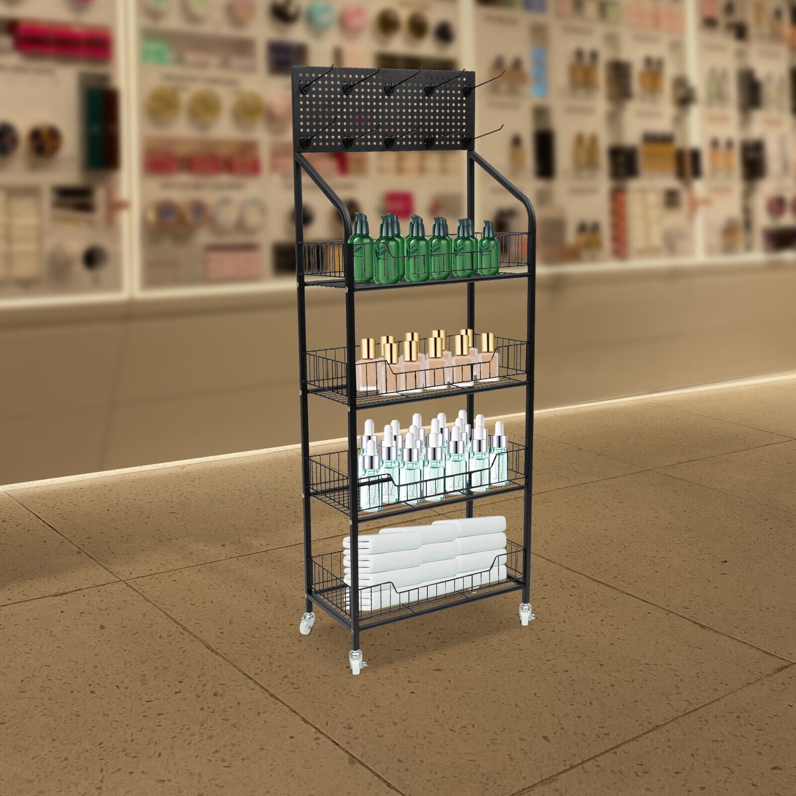 Modern Black Iron 4-Tier Display Snack Rack With 4* Universal Wheels ...