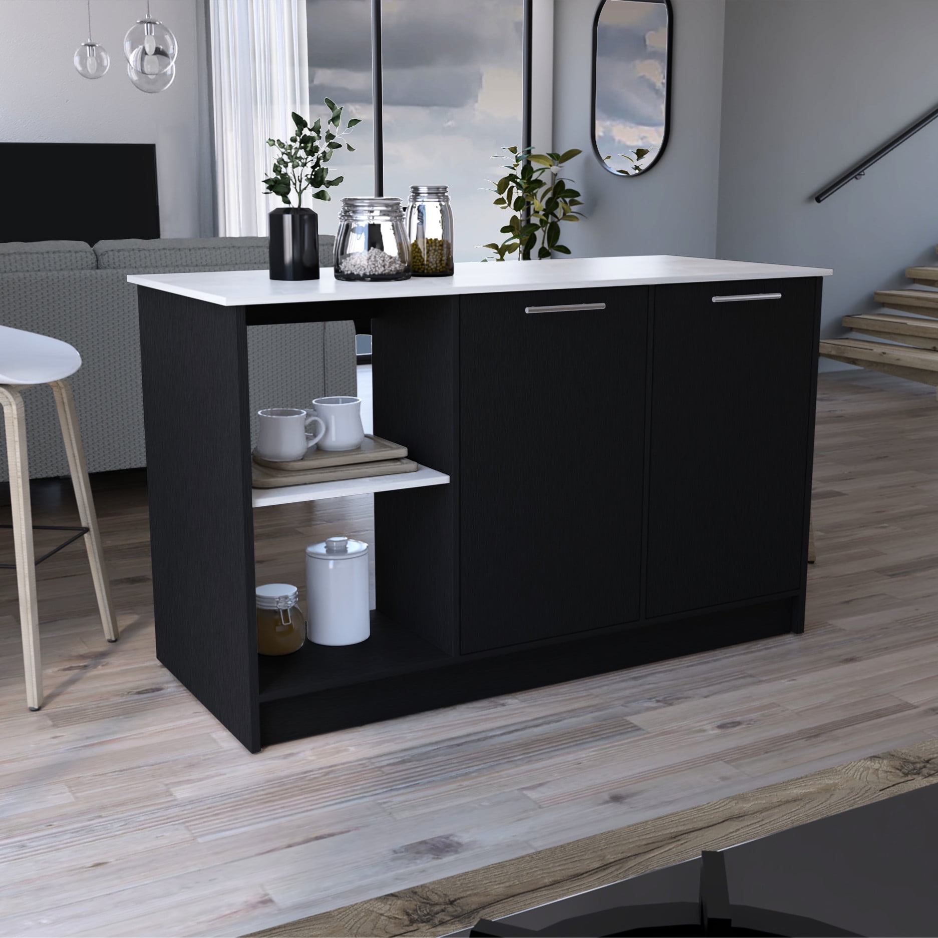 Modern Black/ Kitchen Island With Ample Work Area And Double Door ...