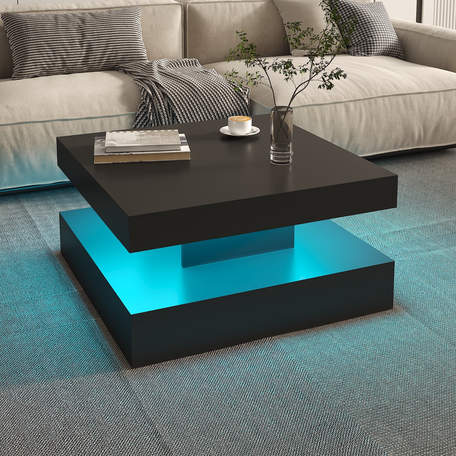 Modern Black LED Coffee Table with Storage - 2-Tier Square Wooden ...