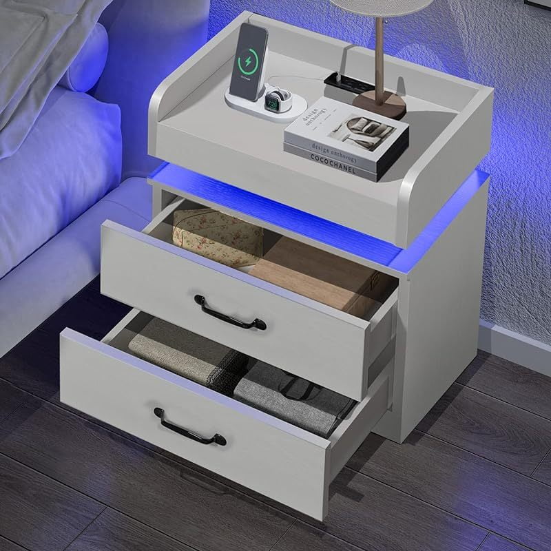 Modern Black LED Nightstand with Charging Station, Wooden Bedside Table ...
