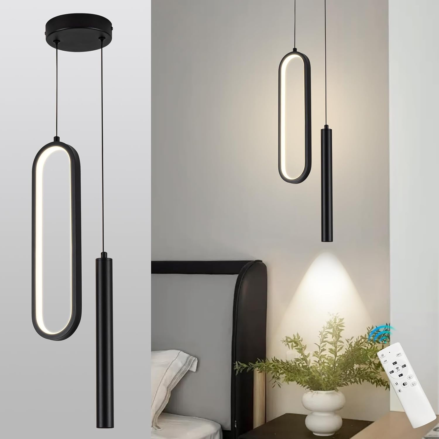Modern Black LED Pendant Light Fixture Dimmable Hanging Ceiling Light ...