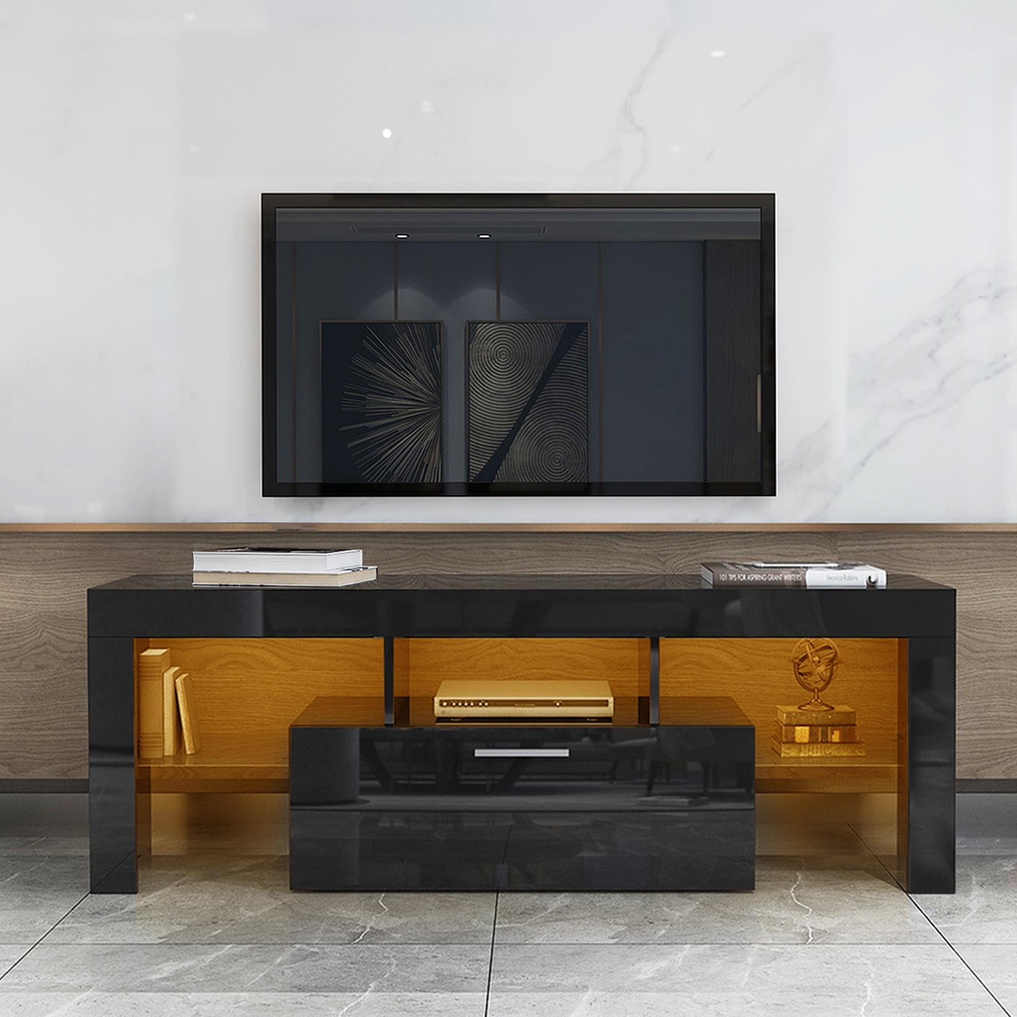 Modern Black LED TV Stand with Remote Control, 2 Drawers - Fits up to ...
