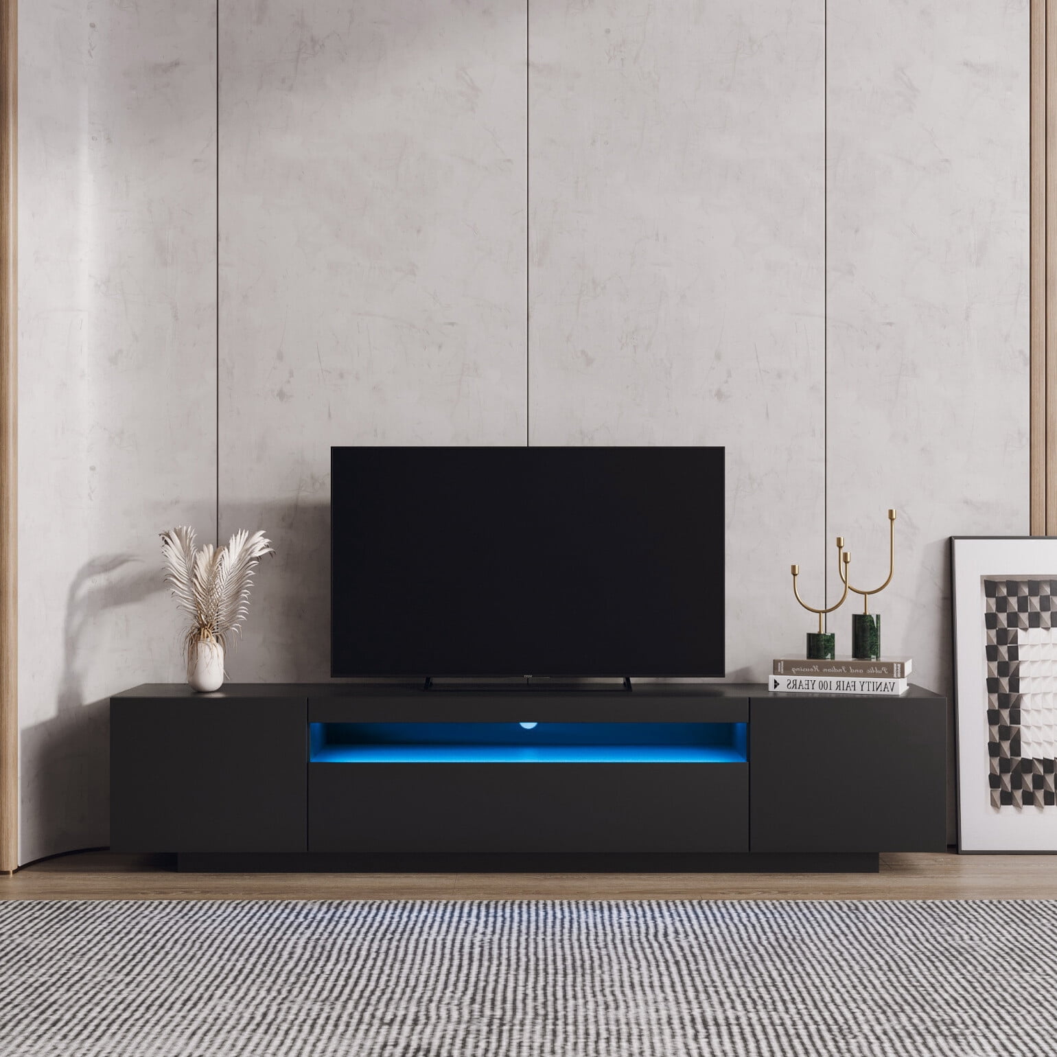 Modern Black LED TV Stand with Storage Drawers and Lights, Living Room ...