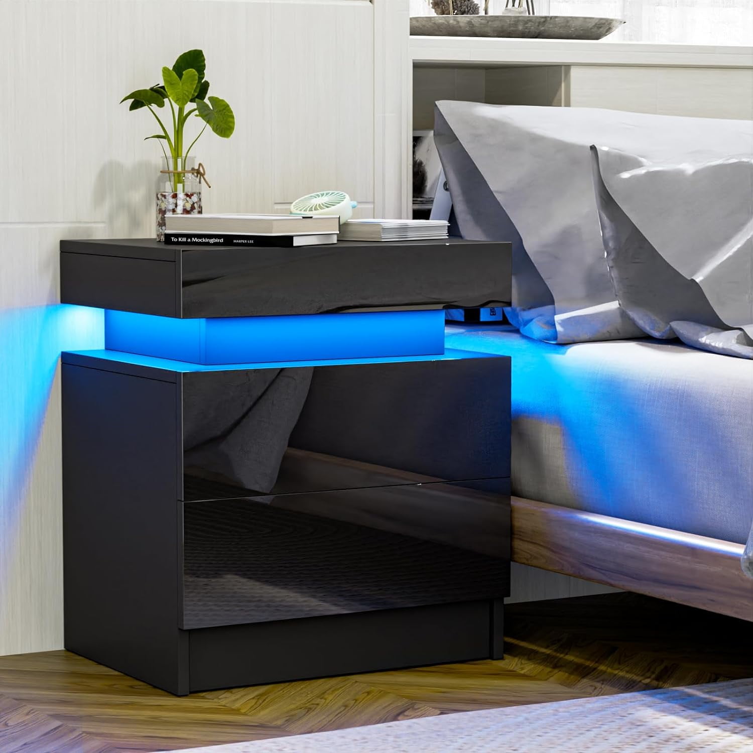 Modern Black Led Nightstand with Led Lights Bedside Table with 2 High ...