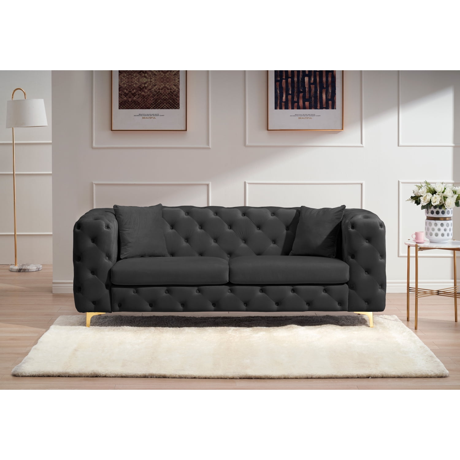 Modern Black Loveseat Sofa with Velvet Upholstery - Comfortable Design ...