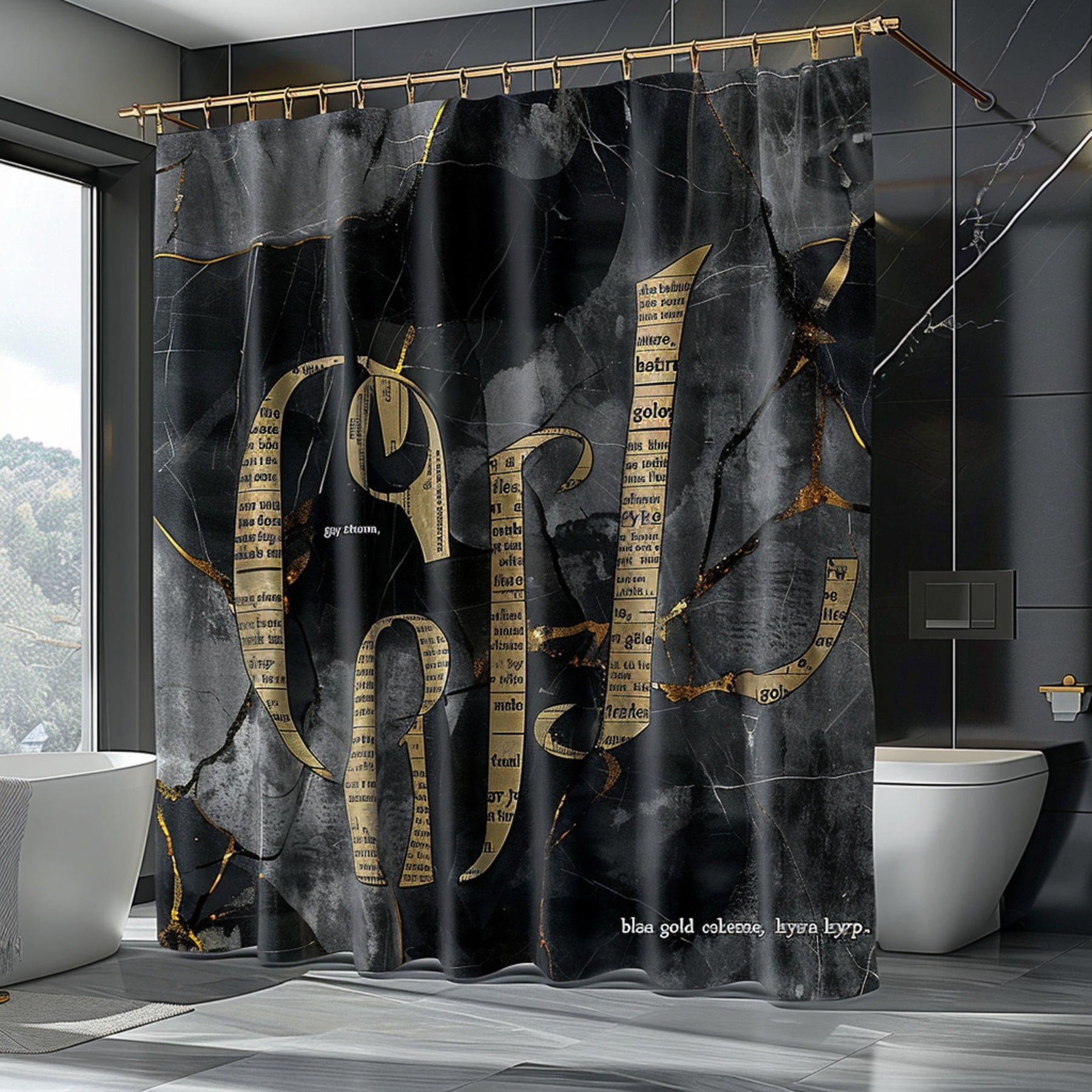 Modern Black Marble Bathroom with Golden Accents White Bathtub and ...