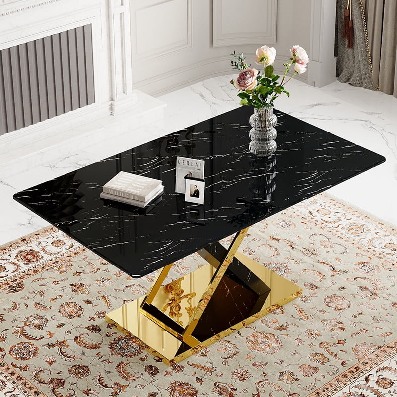 Modern Black Marble Pattern Dining Table - 63"x37" with X-Shaped Legs ...