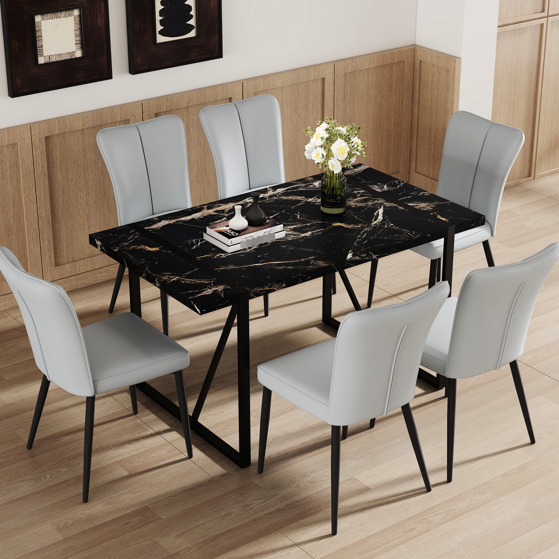 Modern Black Marble Pattern Dining Table And 6 Gray Pu Chairs ...