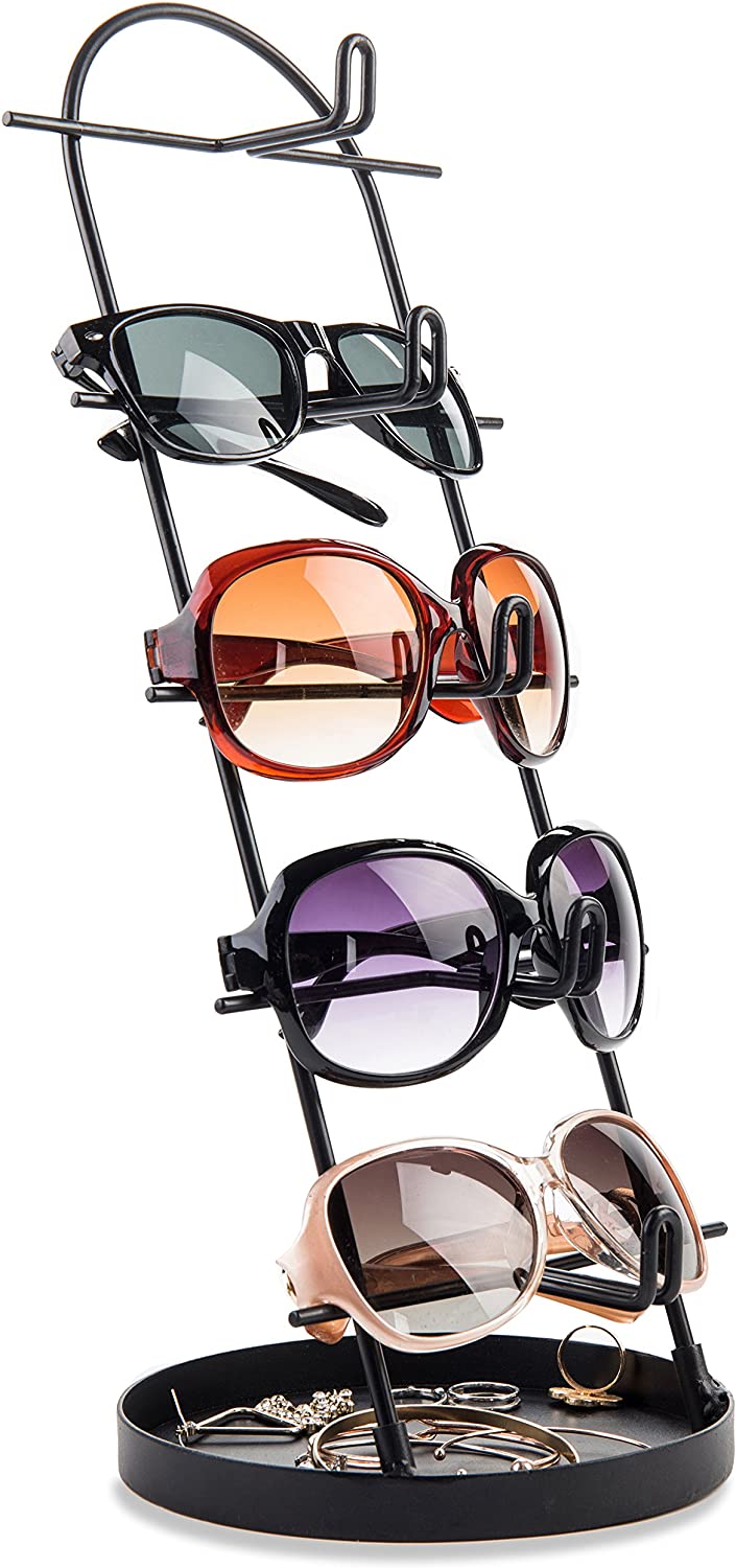 Modern Black Metal 5 Pair Sunglass Display Stand with Ring Jewelry Tray ...