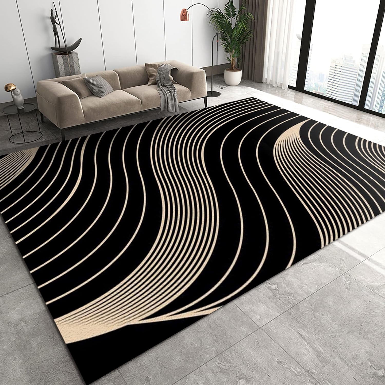 Modern Black Minimalist Indoor Rug, Luxurious Luxury Golden Curved ...