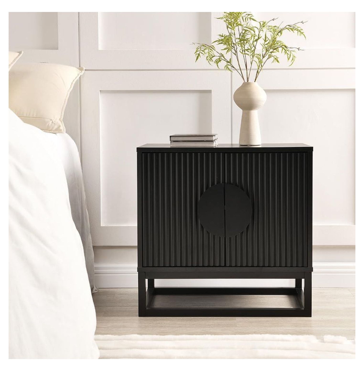 Modern Black Night Stand 24" Wide with Solid Wood Doors, Bedroom ...