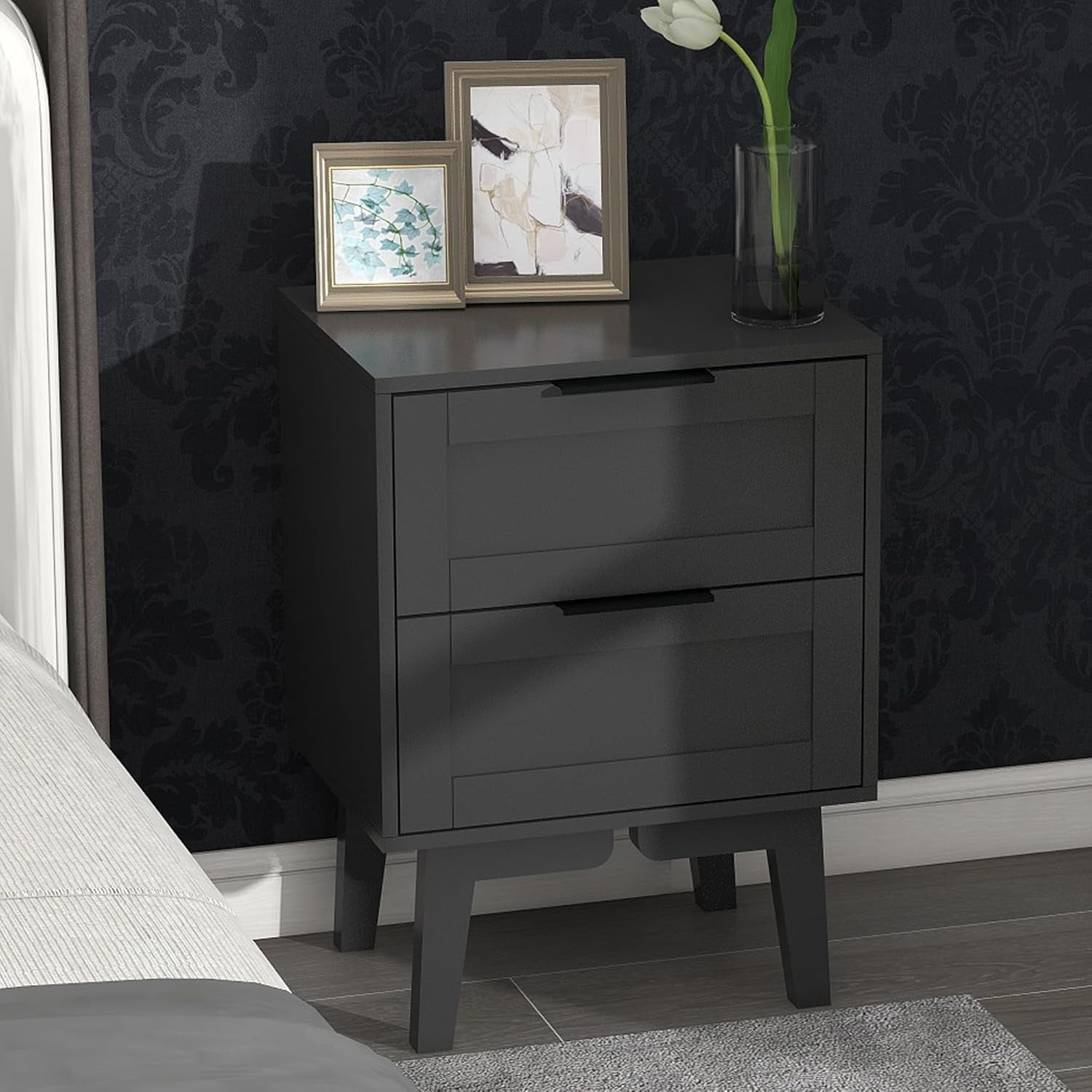 Modern Black Night Stand with Drawer - Mid Century Wooden Nightstand ...