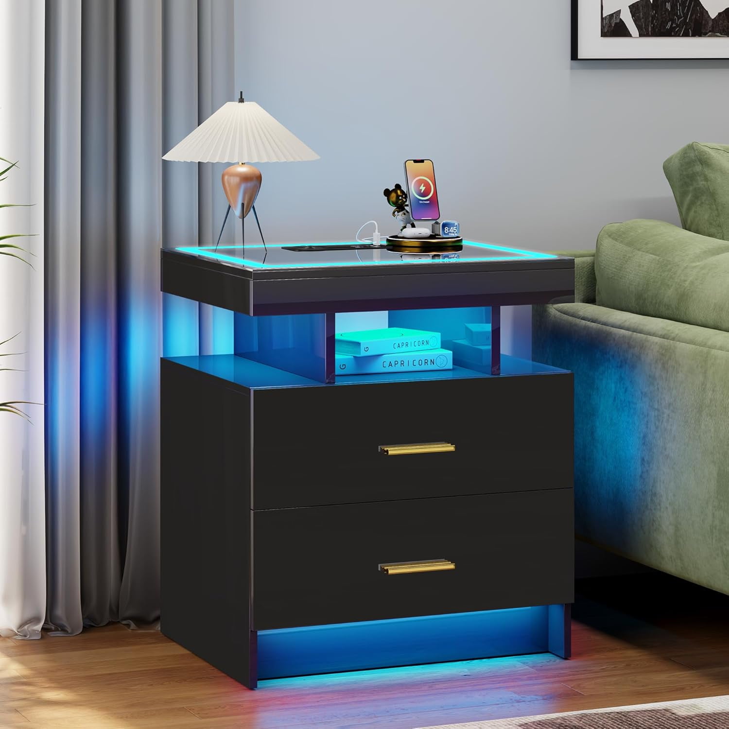 Modern Black Night Stand With LED Lighting And Wireless Charging 2 ...