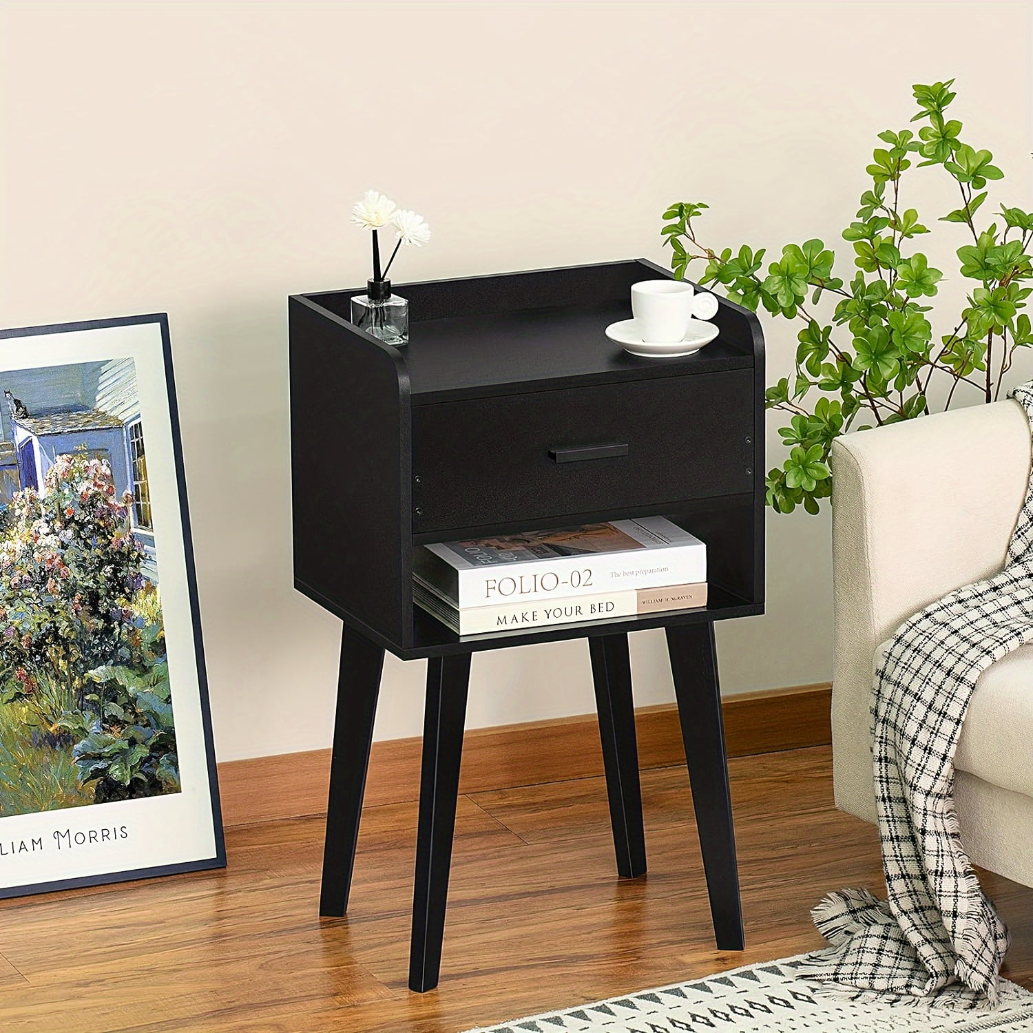 Modern Black Nightstand - Compact Storage Cabinet with Drawer for ...