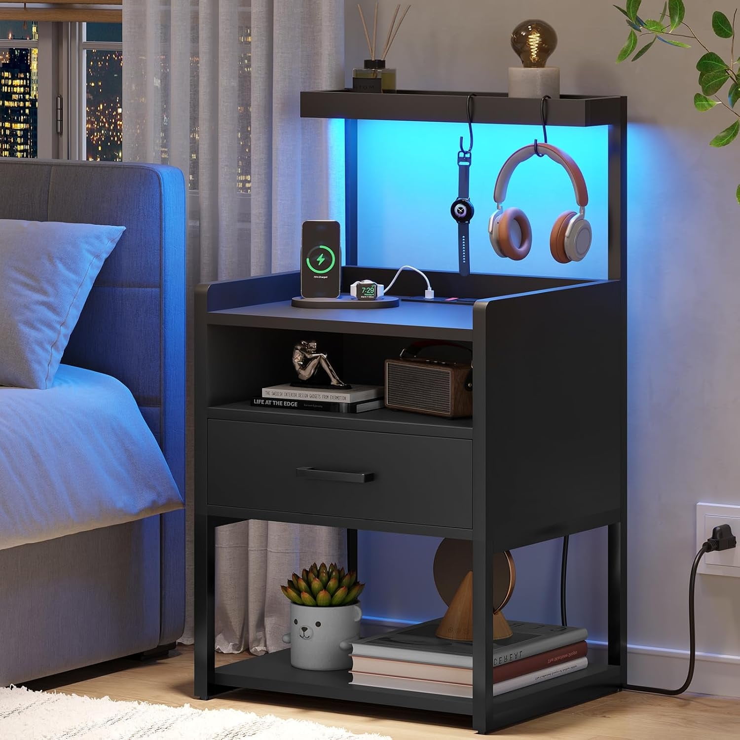 Modern Black Nightstand with Charging Station & RGB LED Lights ...