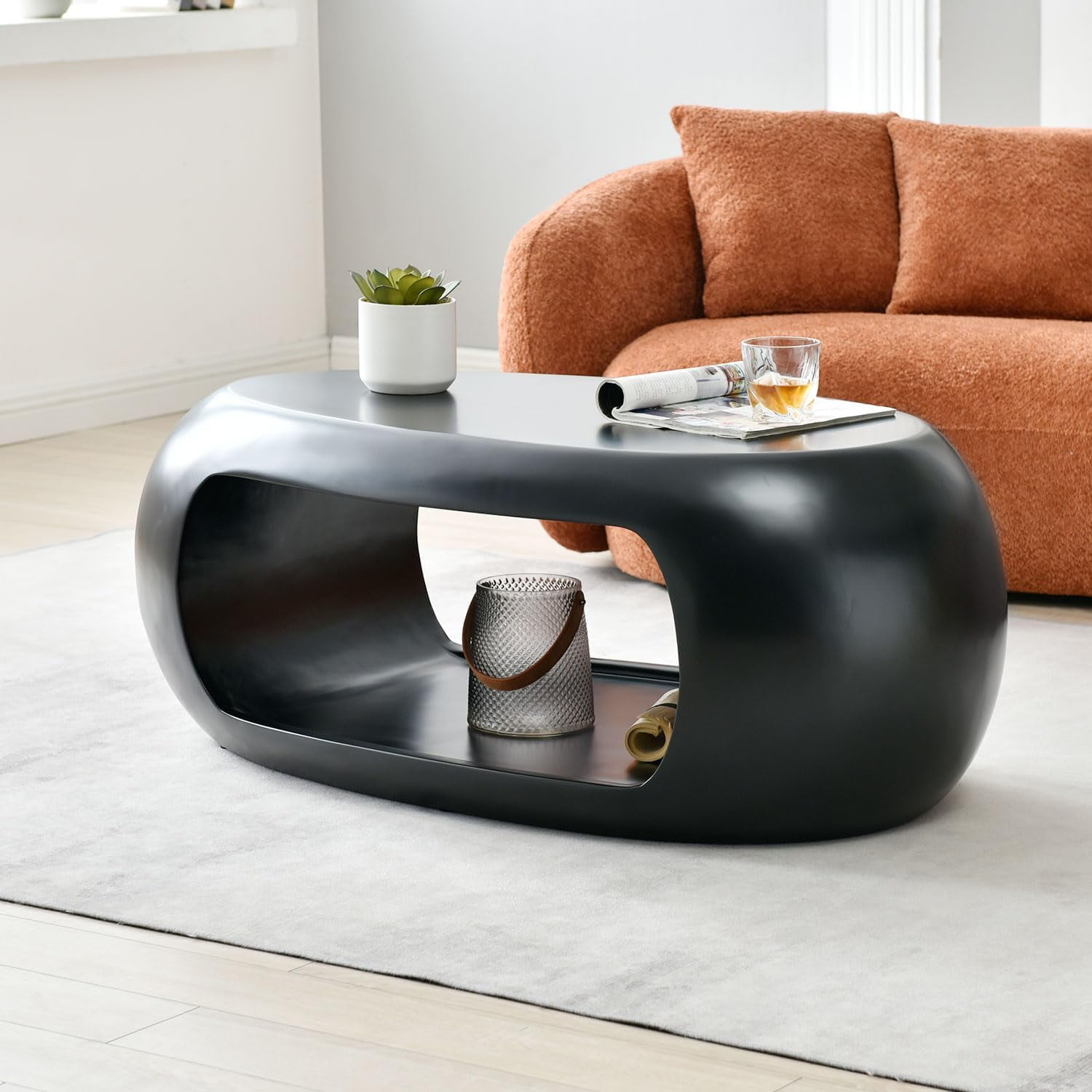 Modern Black Oval Coffee Table with Storage for Living Room, Fiberglass ...