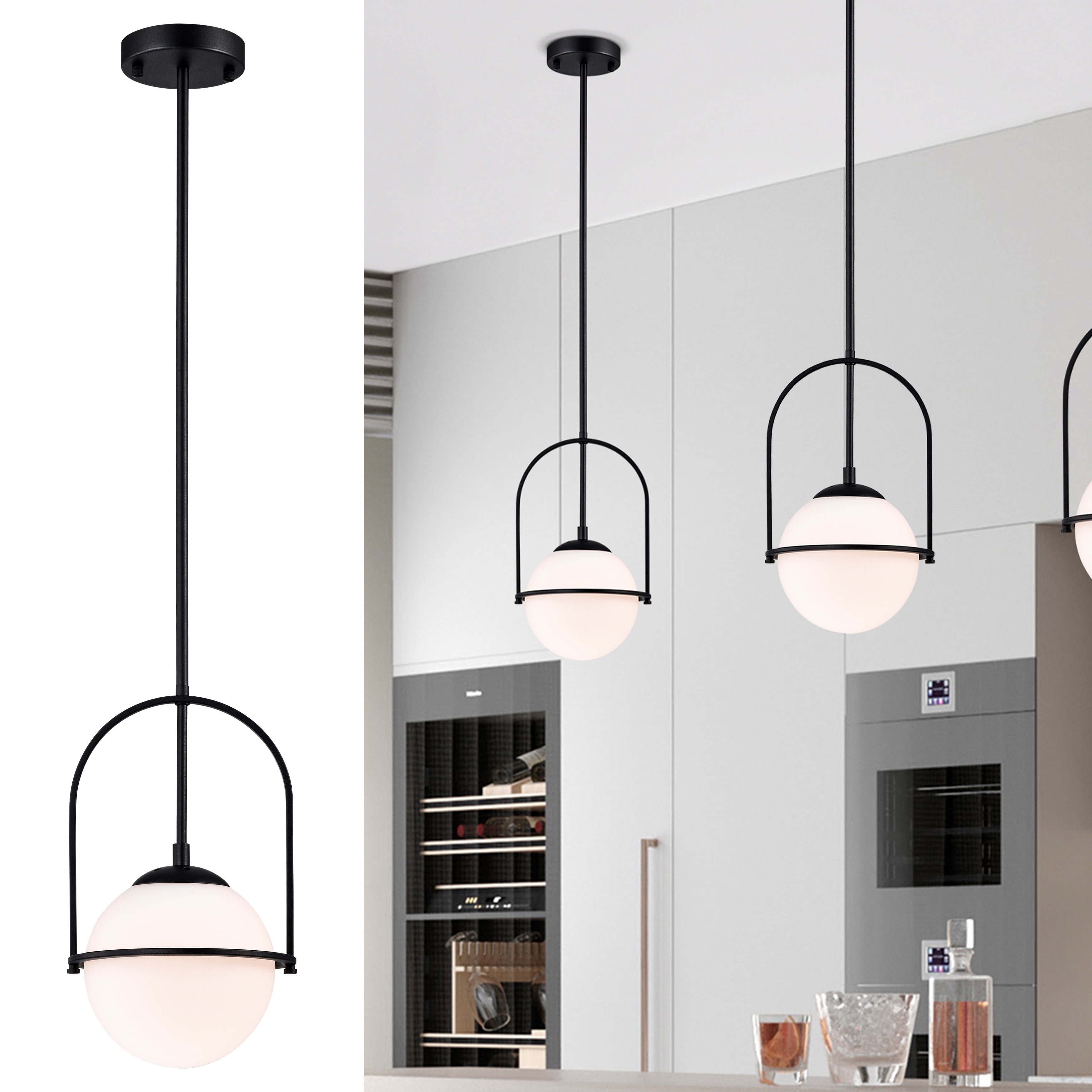 Modern Black Pendant Light Fixture, 1-Light Mid Century Chandelier with ...