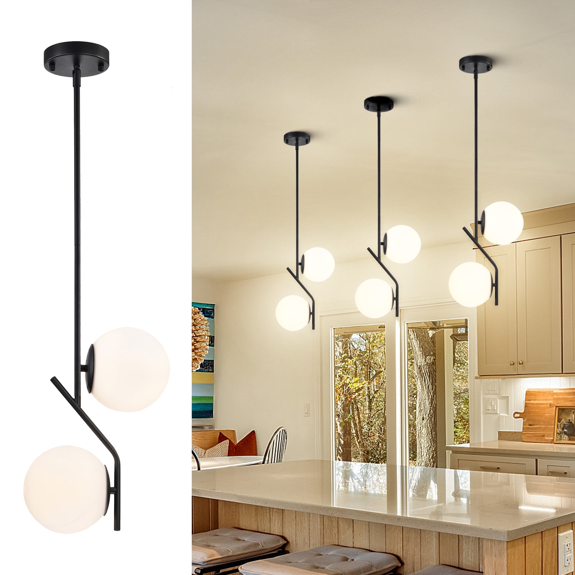 Modern Pendant Light Black with Opal Glass Globes Adjustable Height ...