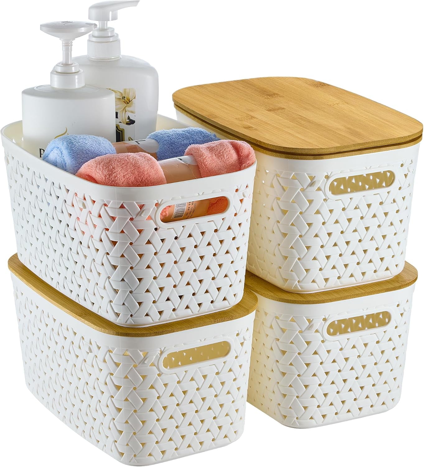 Modern Black Plastic Storage Bins with Bamboo Lids Set of 4 - Stackable ...