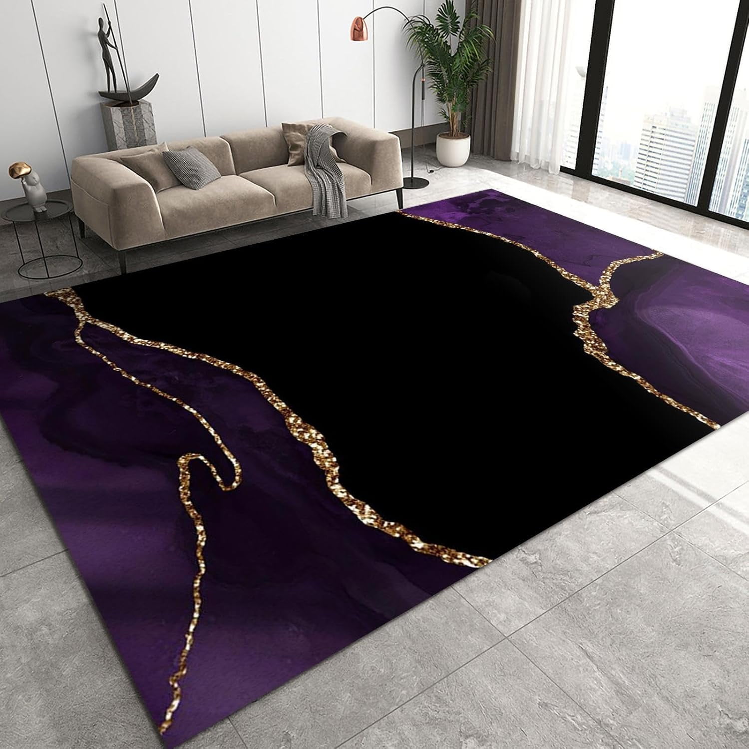 Modern Black Purple Gold Marble Texture Art Area Rugs, Luxury Abstract ...