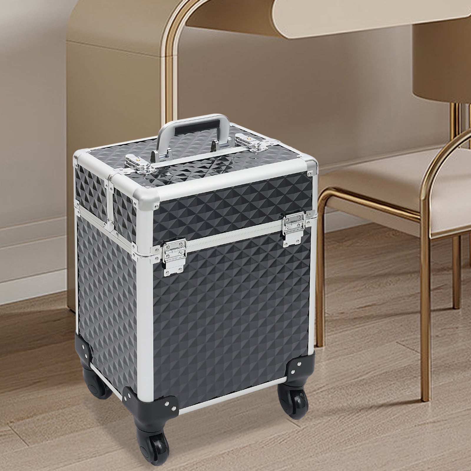 Modern Black Rolling Makeup Case 13.39*9.45*16.14in 2-tier Foldable ...
