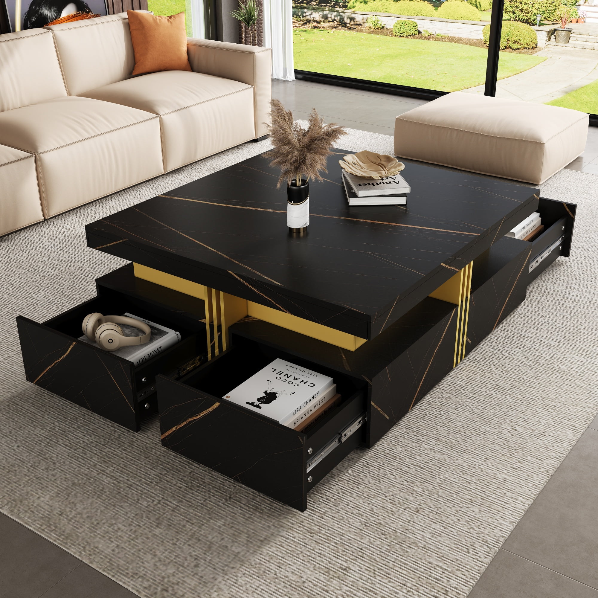 Modern Black Square Storage Coffee Table With 4 Drawers - Walmart.com